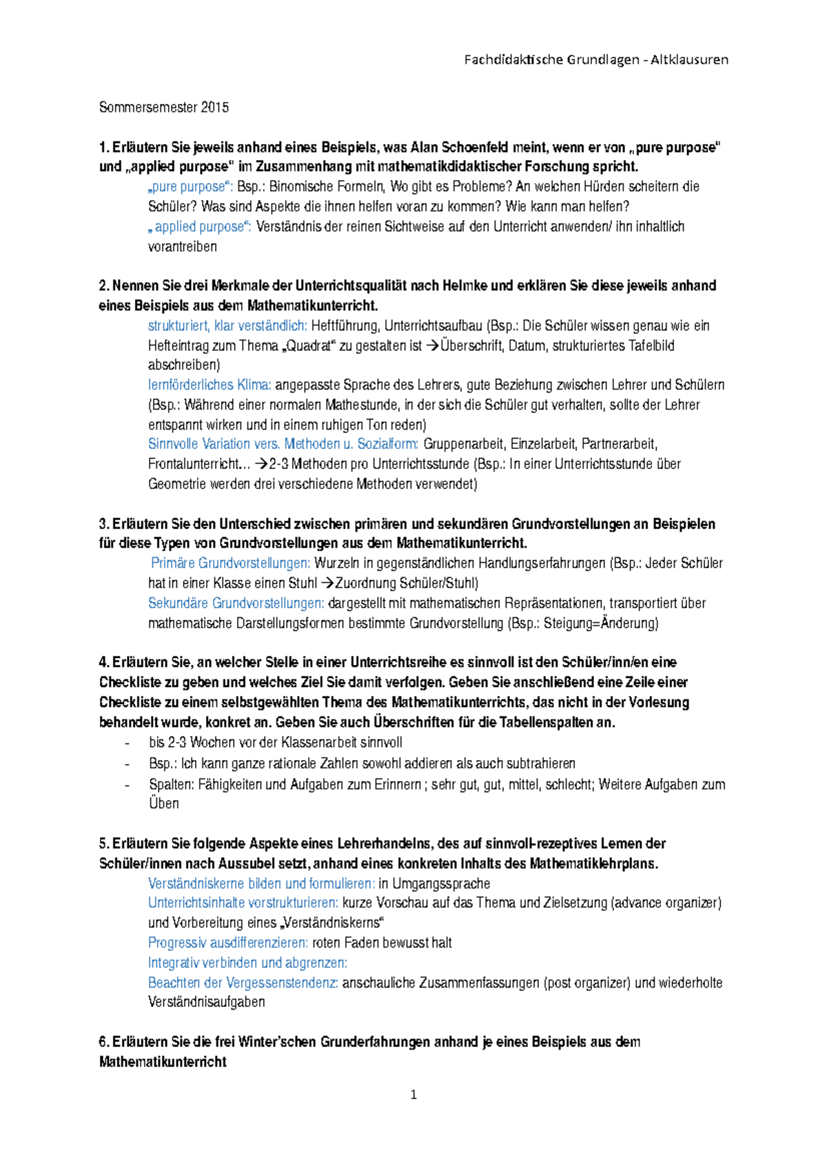 Klausur 2016, Fragen und Antworten - Fachdidaktische Grundlagen - Altklausuren Sommersemester ...