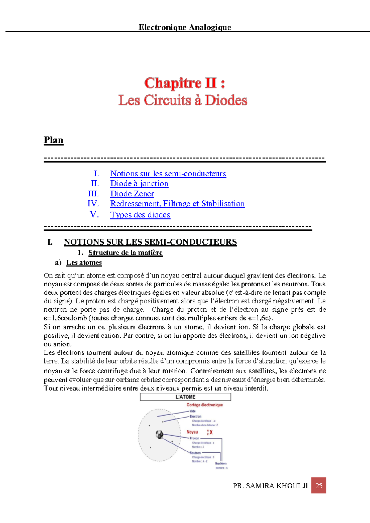 Chapitre II Diodes 2020 2021 - Plan - I. Notions sur les semi-conducteurs II. Diode à jonction ...