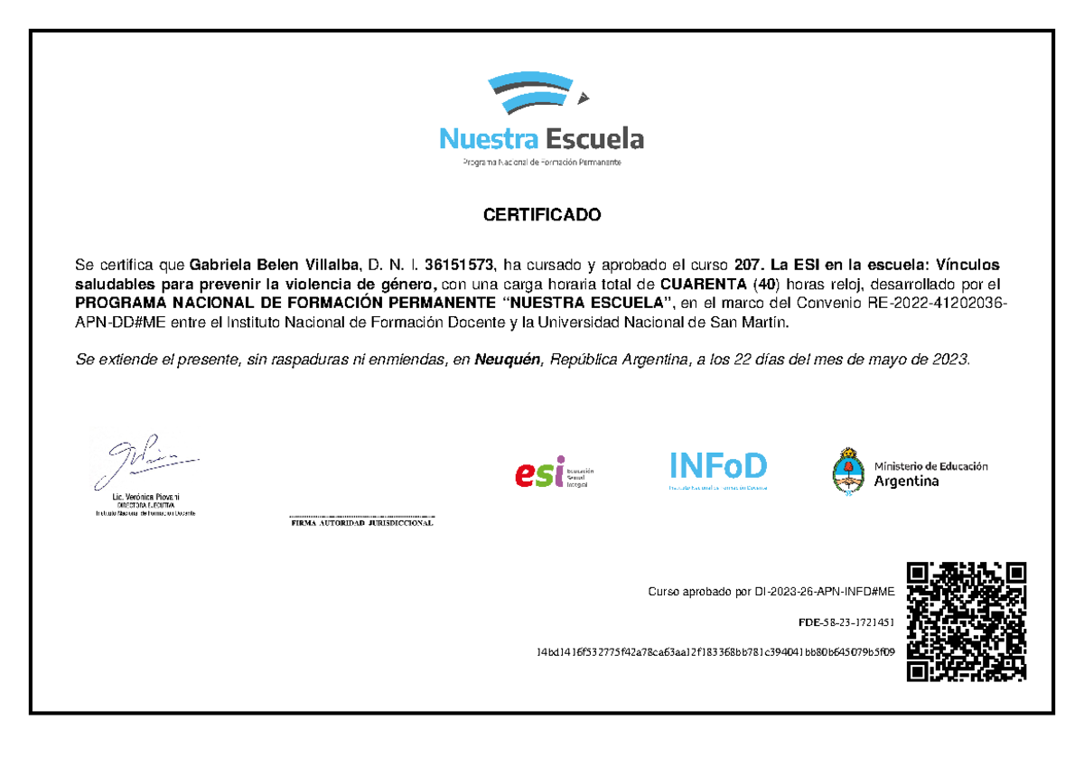 ESI en la escuela - CERTIFICADO Se certifica que Gabriela Belen ...