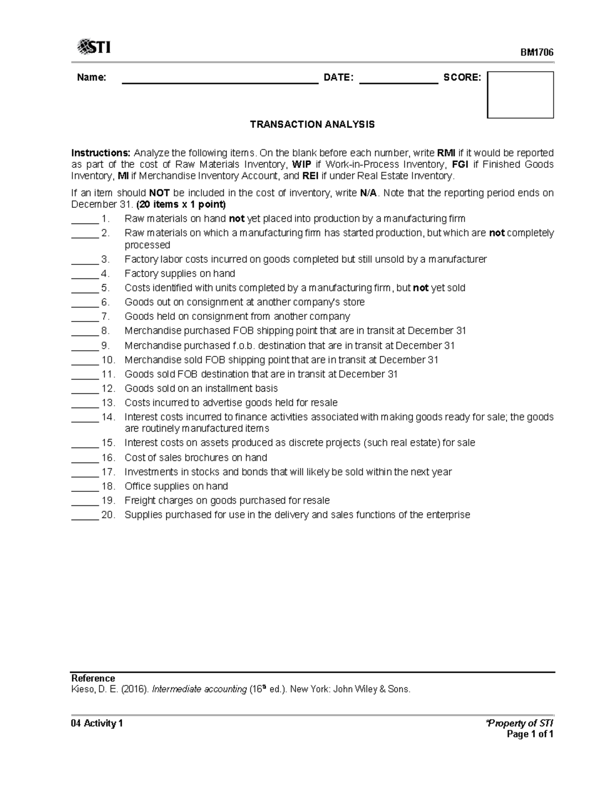 Activity 1: Transaction Analysis - BM 04 Activity 1 *Property of STI ...