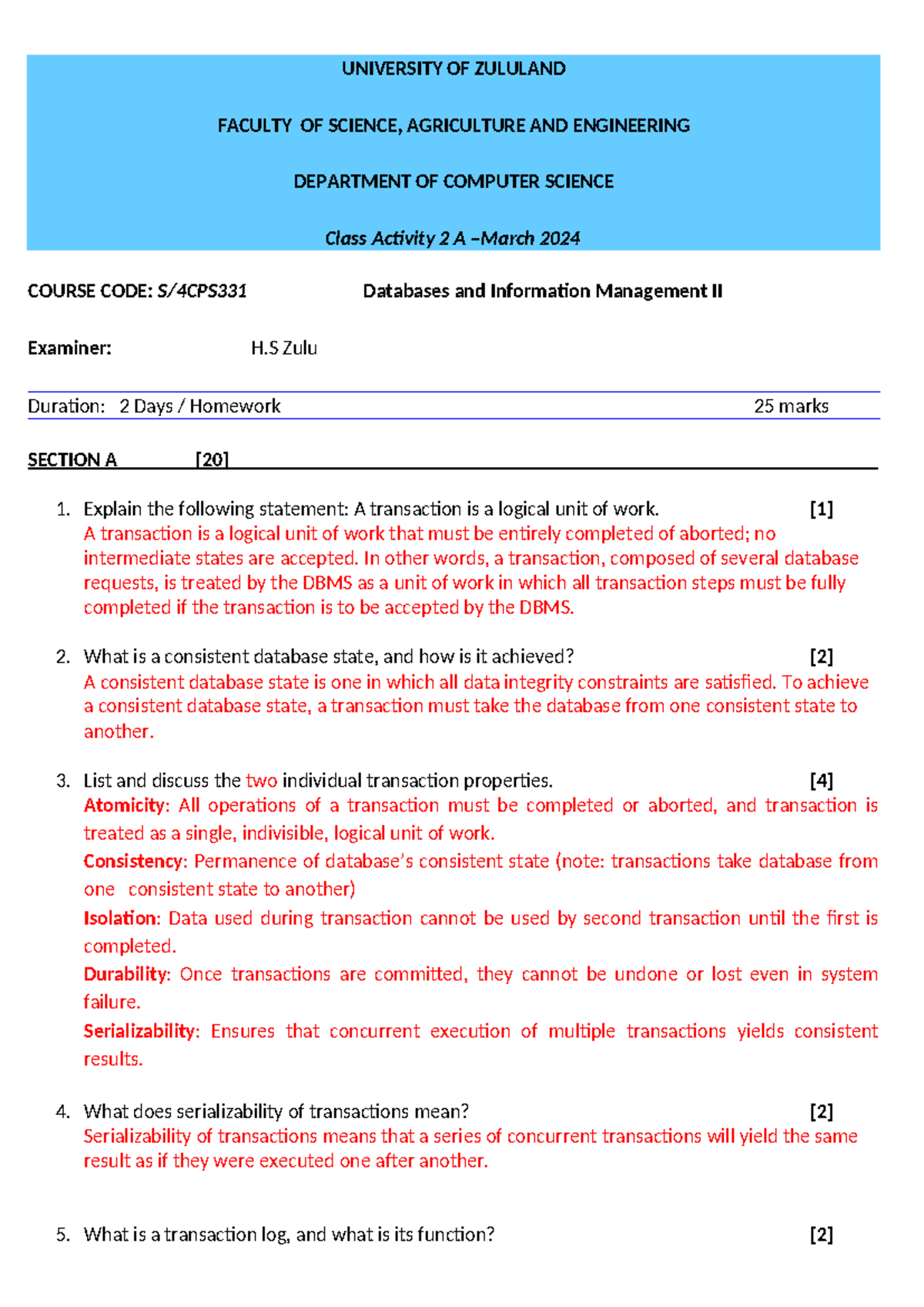 Class Activity 2 A 2024 with memo - UNIVERSITY OF ZULULAND FACULTY OF SCIENCE, AGRICULTURE AND ...