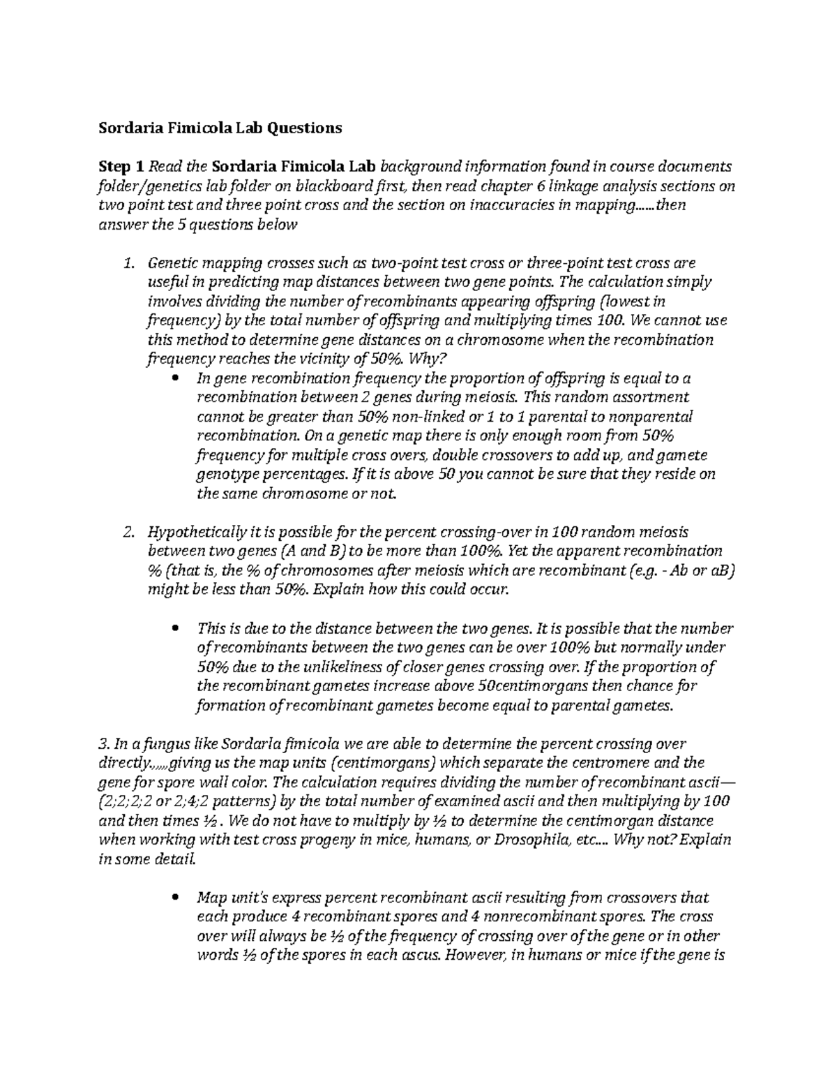 Sordaria Fimicola 5 Lab Questions - Sordaria Fimicola Lab Questions ...
