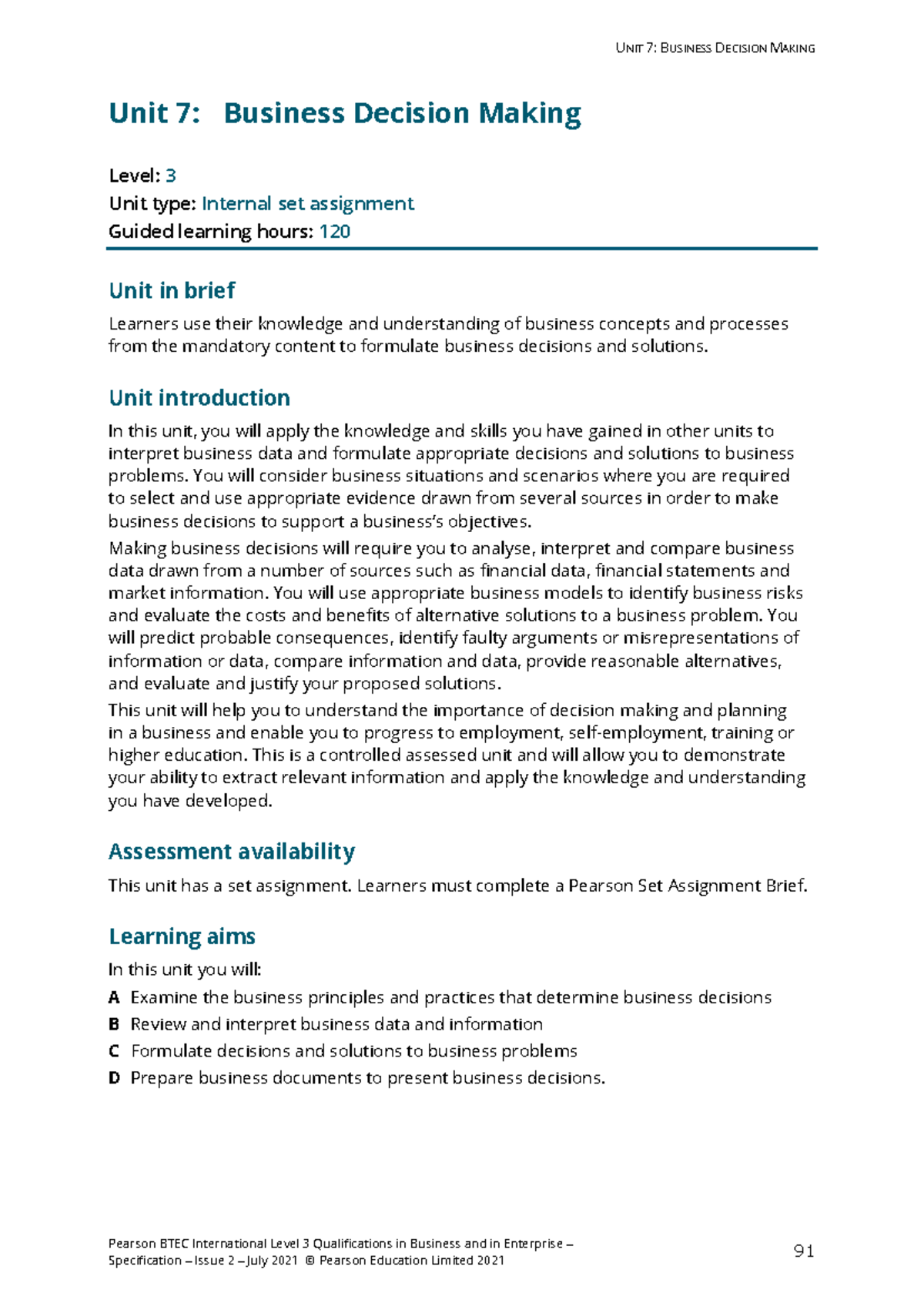 Specification - BTEC International Level 3 Business - Pearson BTEC International Level 3 - Studocu