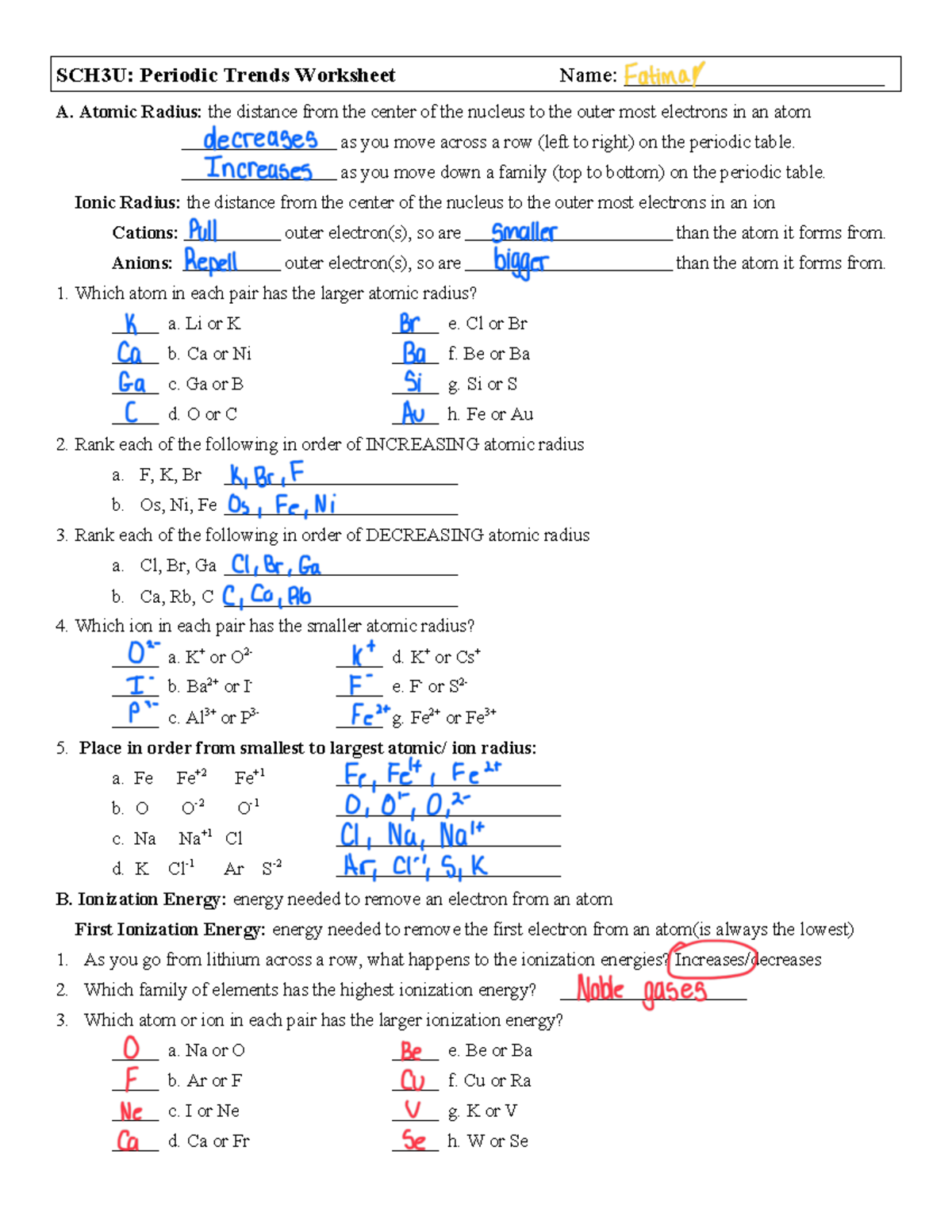 5 - WS - Periodic Trends - I’m - SCH3U: Periodic Trends Worksheet Name