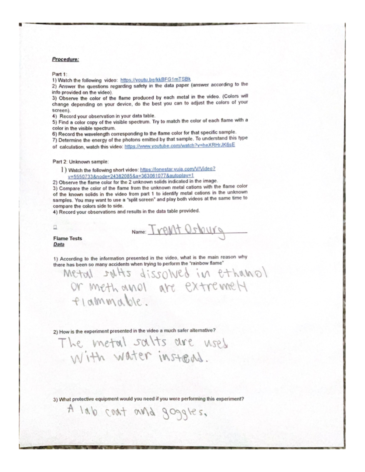 Experiment 10 Flame tests - Procedure: Part 1: 1) Watch the following ...