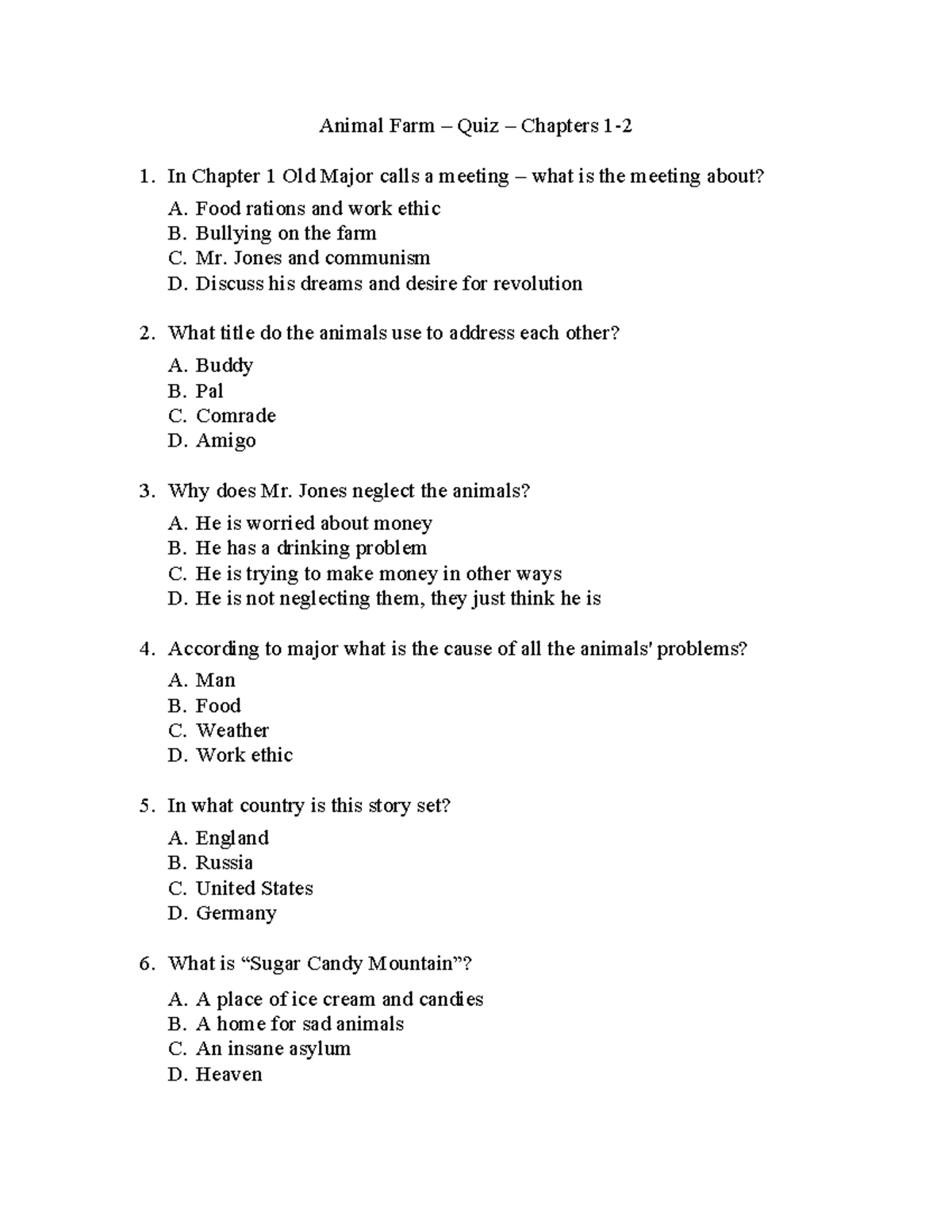 Animal Farm chaps 1-2 quiz - Animal Farm – Quiz – Chapters 1- In ...