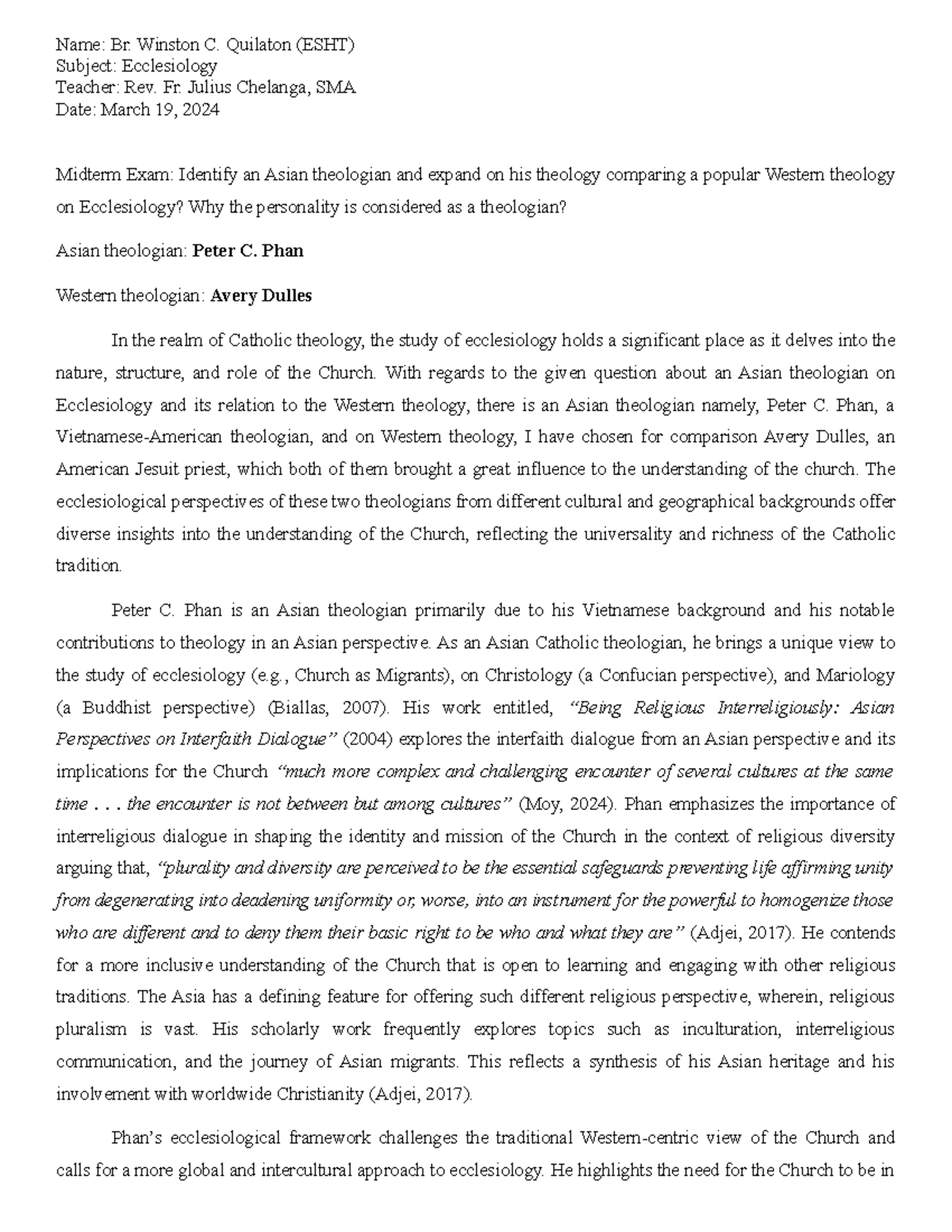 Ecclesiology Quilaton Midterm EXAM - Name: Br. Winston C. Quilaton ...