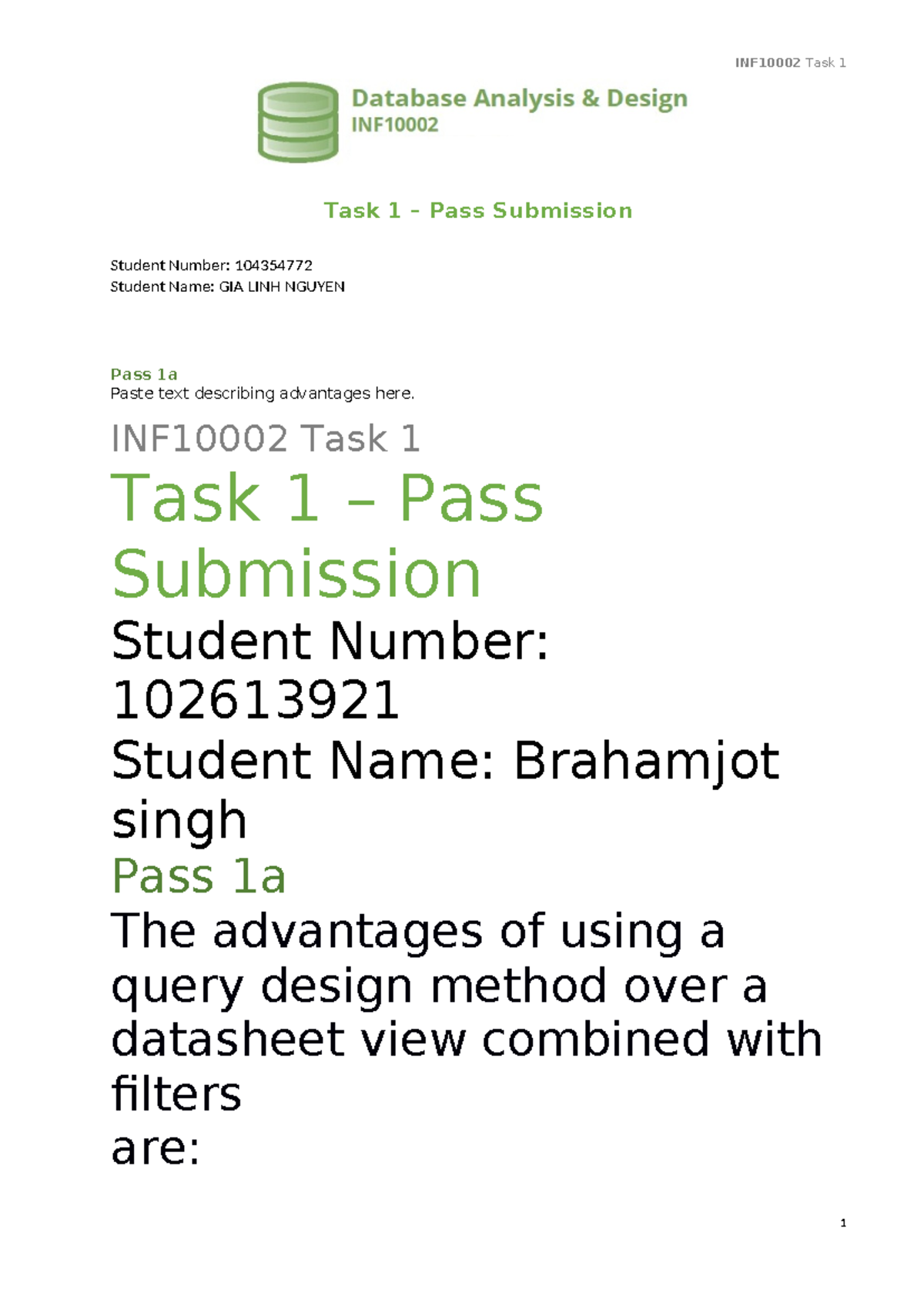 T01P - t01p - Task 1 – Pass Submission Student Number: 104354772 Student Name: GIA LINH NGUYEN ...