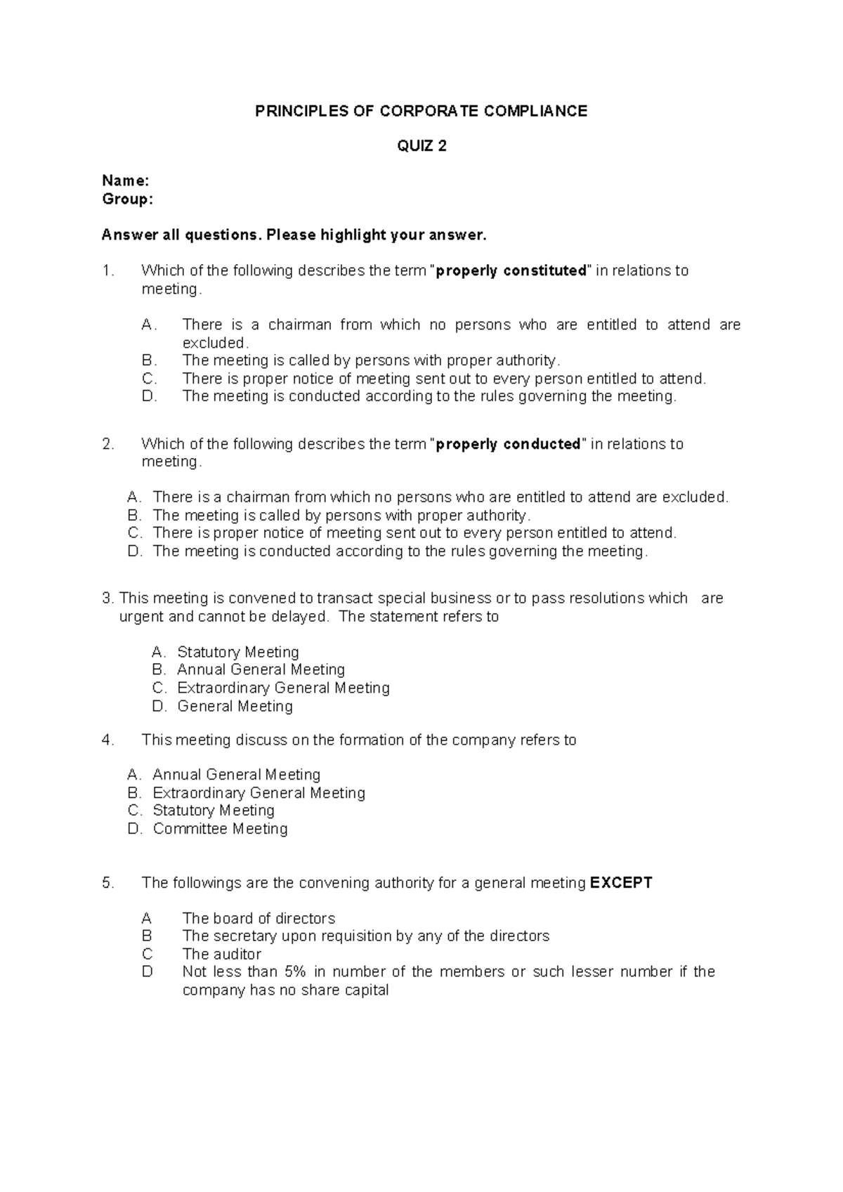 Quiz 2 hhhhhhhhhhh - PRINCIPLES OF CORPORATE COMPLIANCE QUIZ 2 Name ...