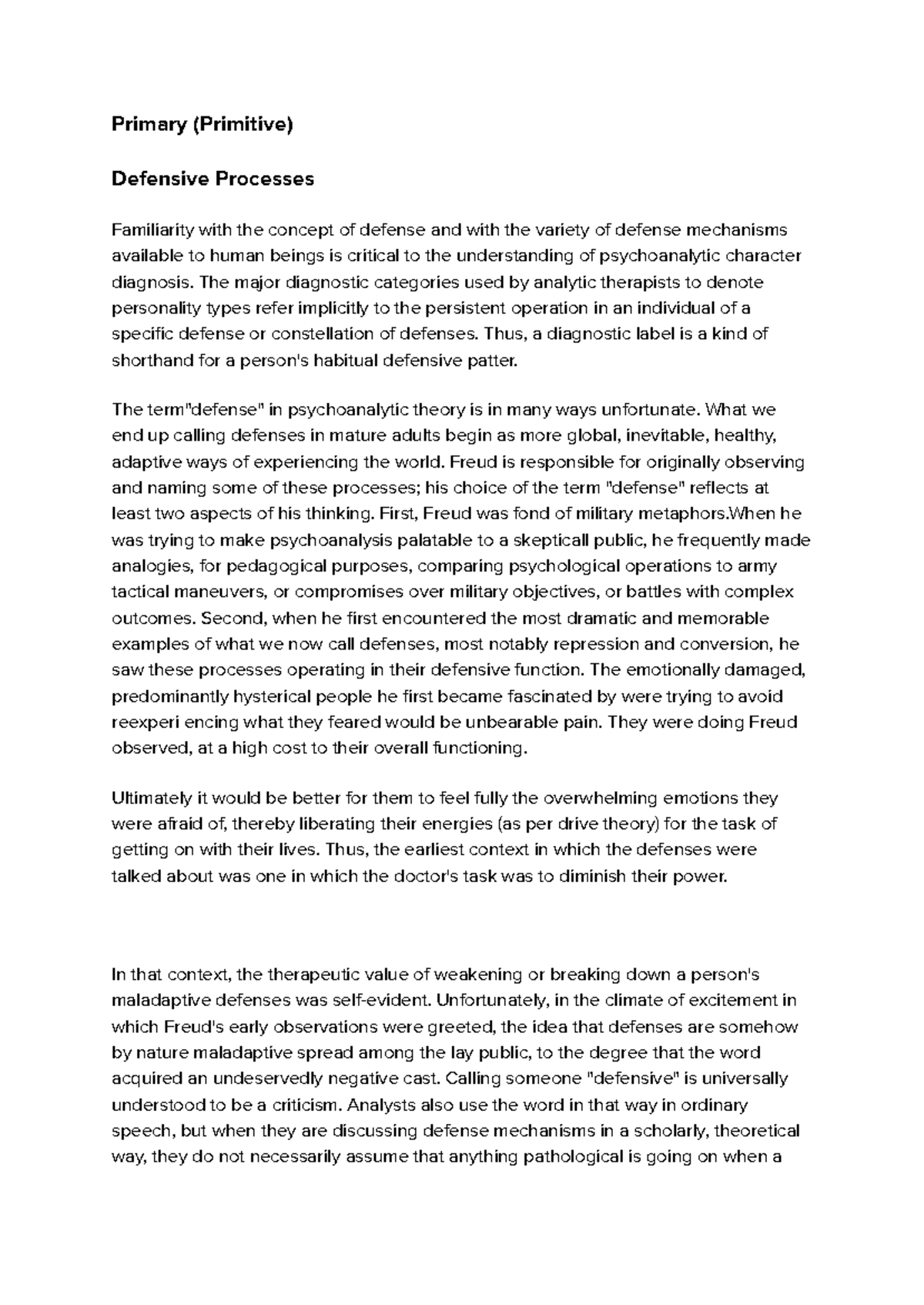 Primary (Primitive) - Primary (Primitive) Defensive Processes ...