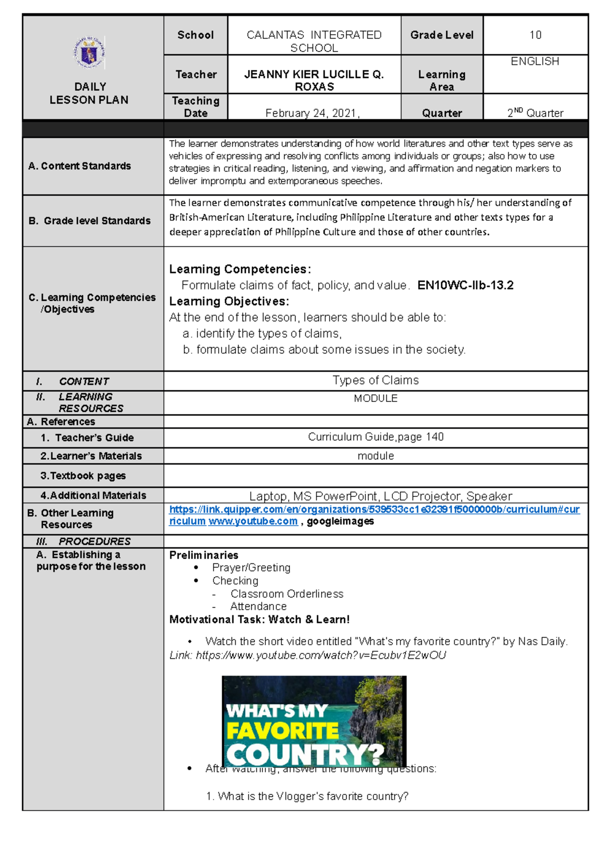 Dll claims final English 22-23 - DAILY LESSON PLAN SCHOOL Teacher ...