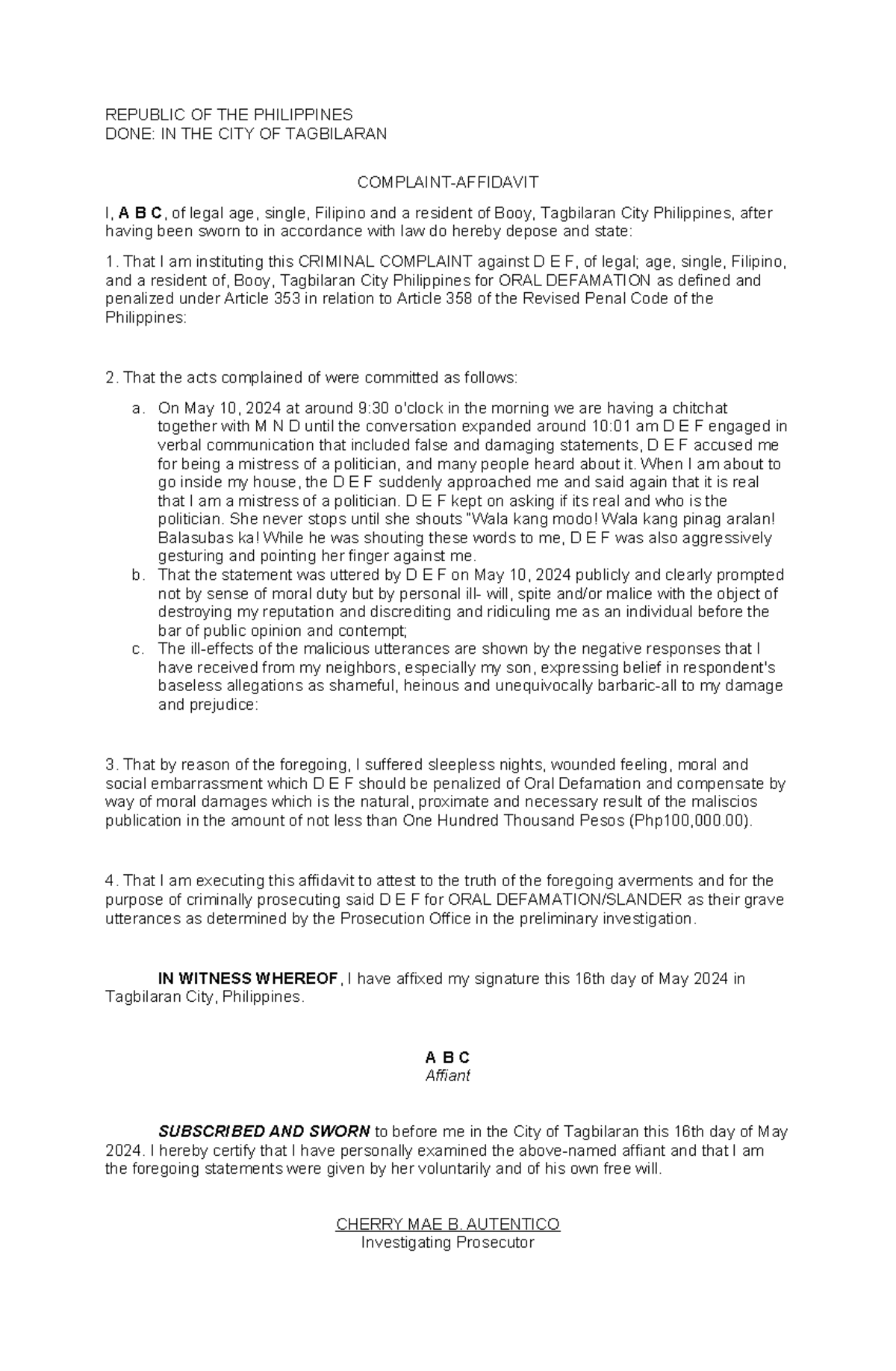 Complaint - REPUBLIC OF THE PHILIPPINES DONE: IN THE CITY OF TAGBILARAN ...