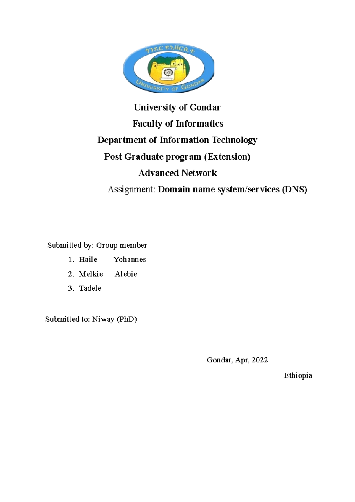 DNS - basic network - University of Gondar Faculty of Informatics ...