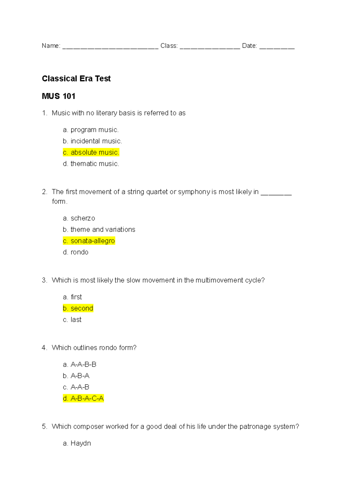 Classical Era Study Guide Questions - Name ...