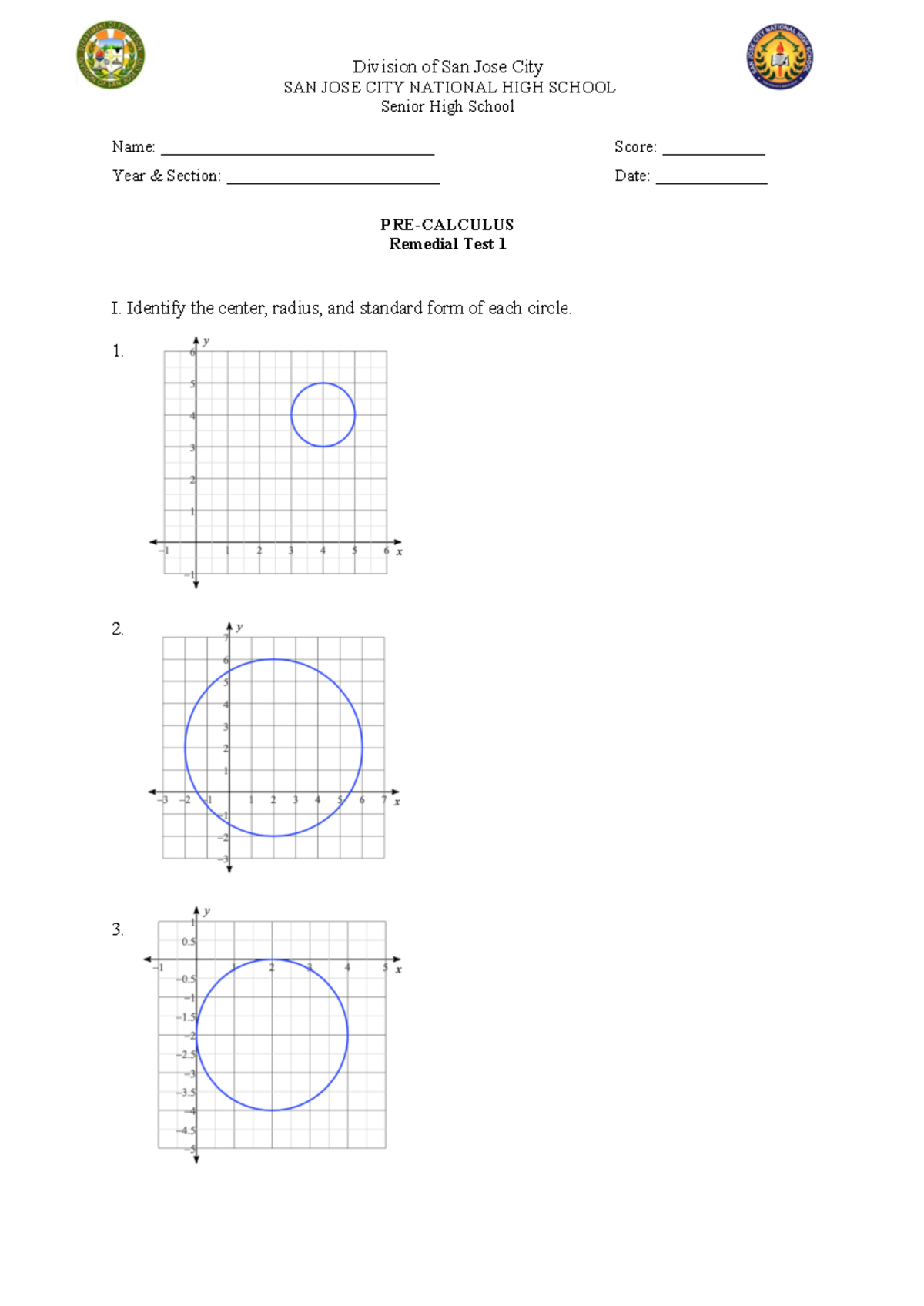 Precal Remedial-Test-1 - Philosophy - Division of San Jose City SAN ...