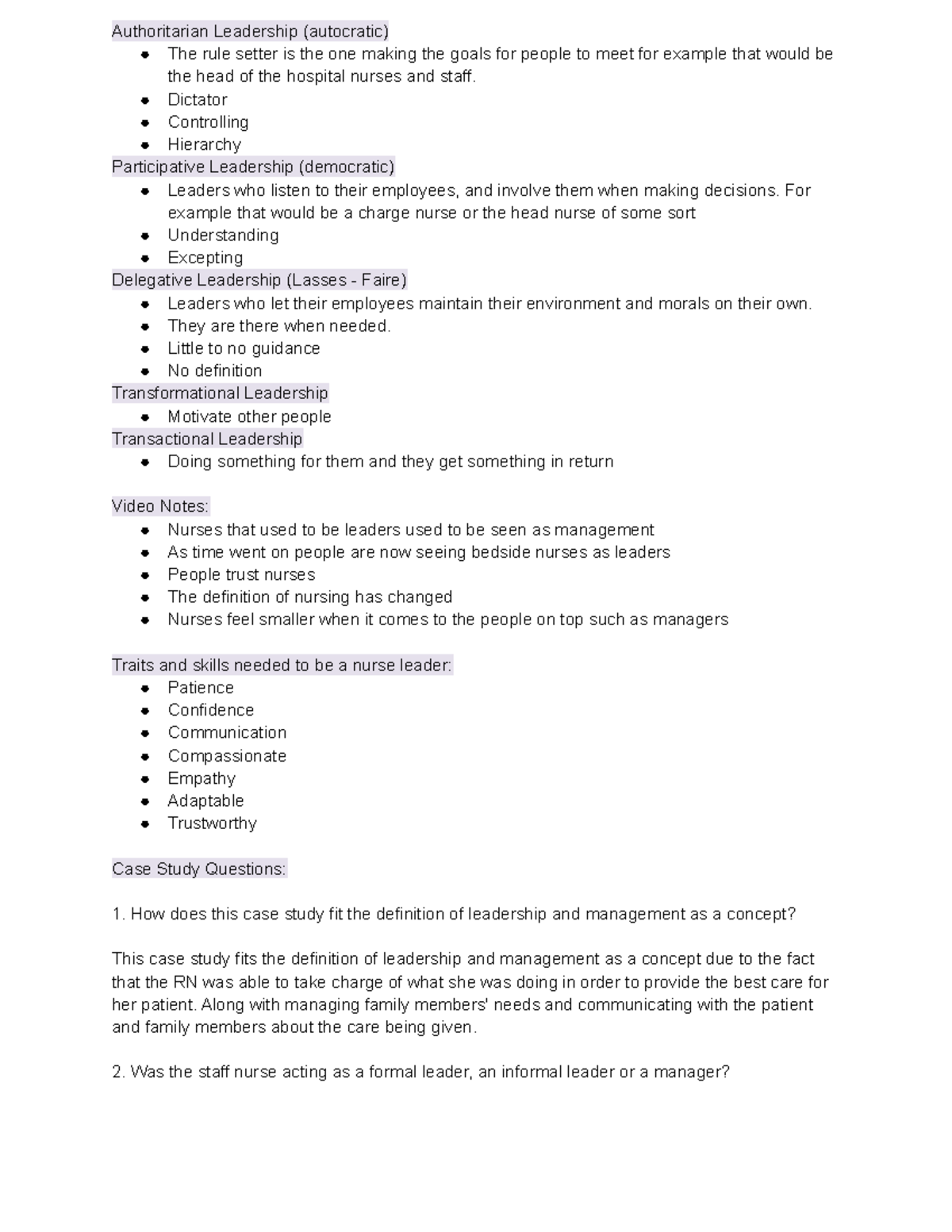leaderships management lecture notes - Authoritarian Leadership ...