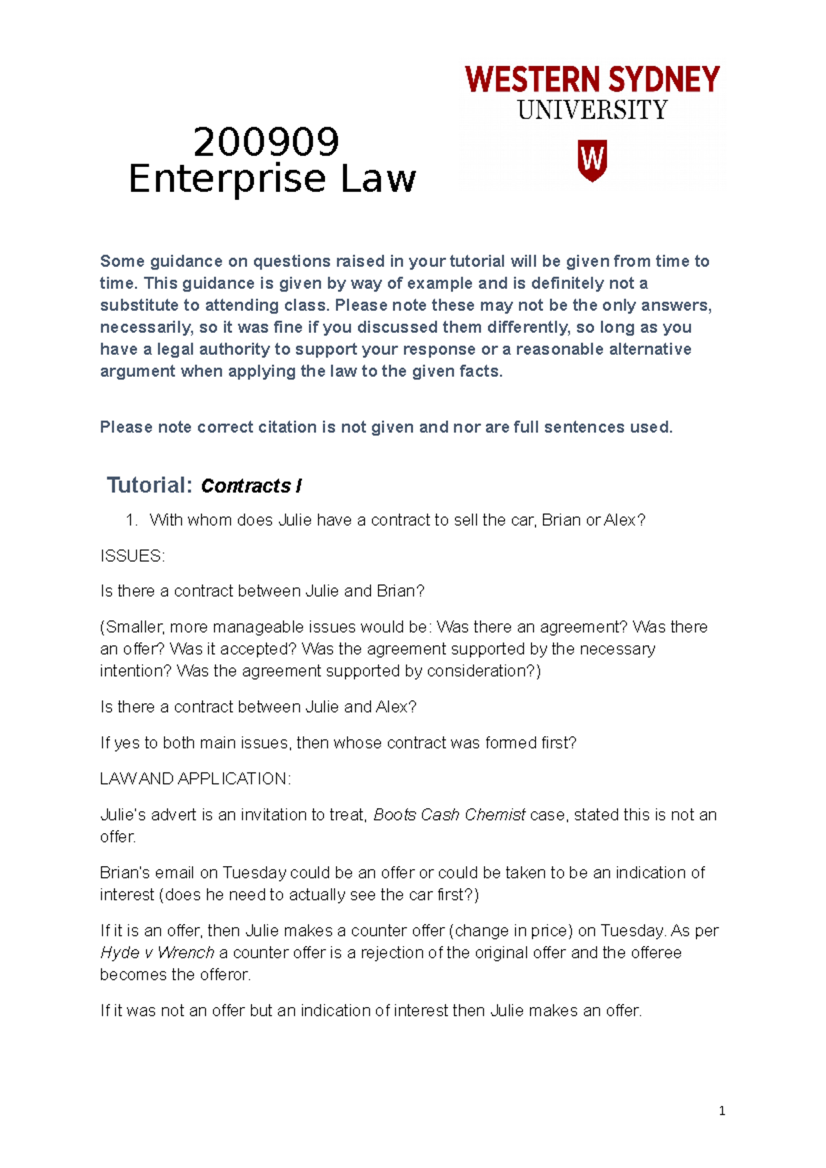 Tutorial guidance on Contracts - 200909 Enterprise Law Some guidance on ...