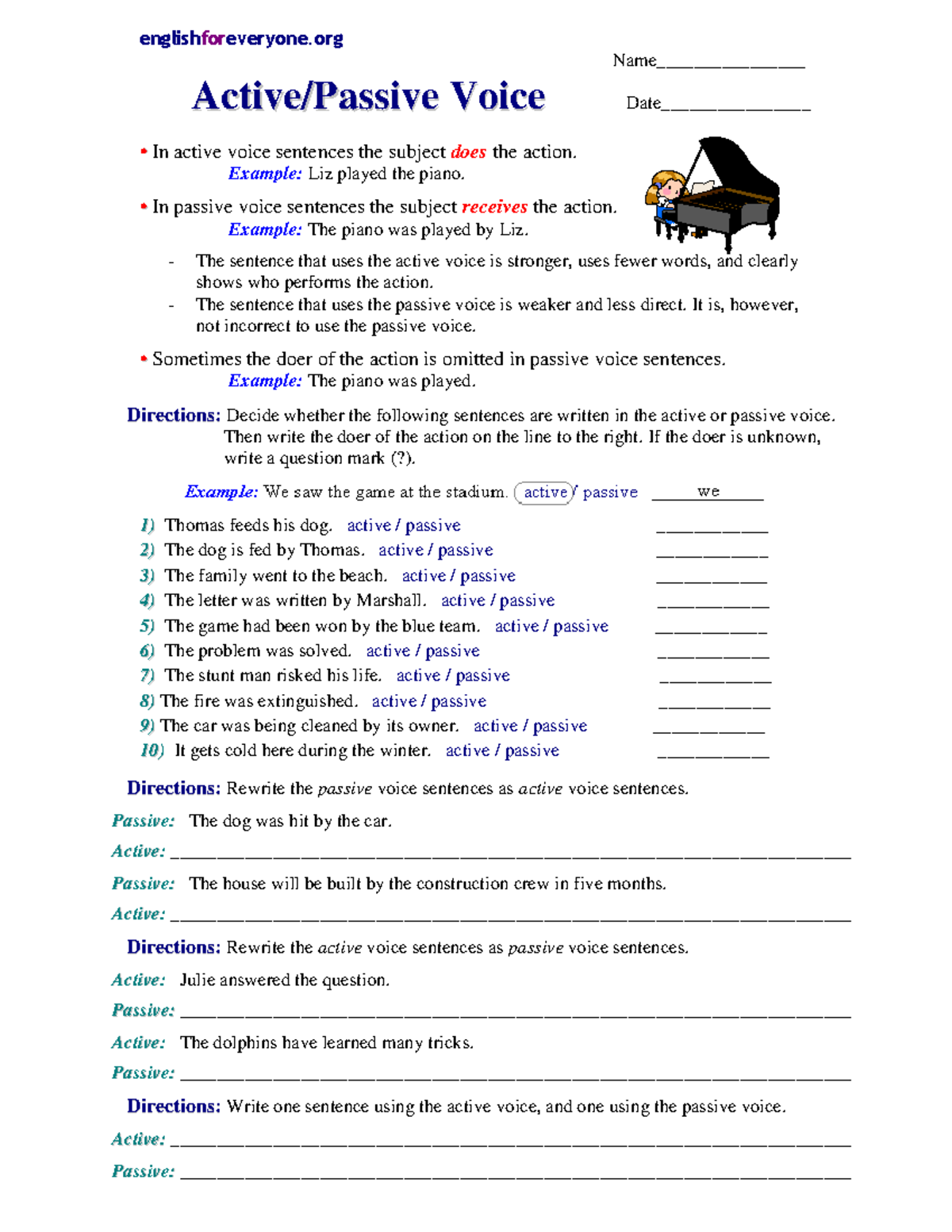 Active - Passive Voice questions - englishforeveryone Name ...
