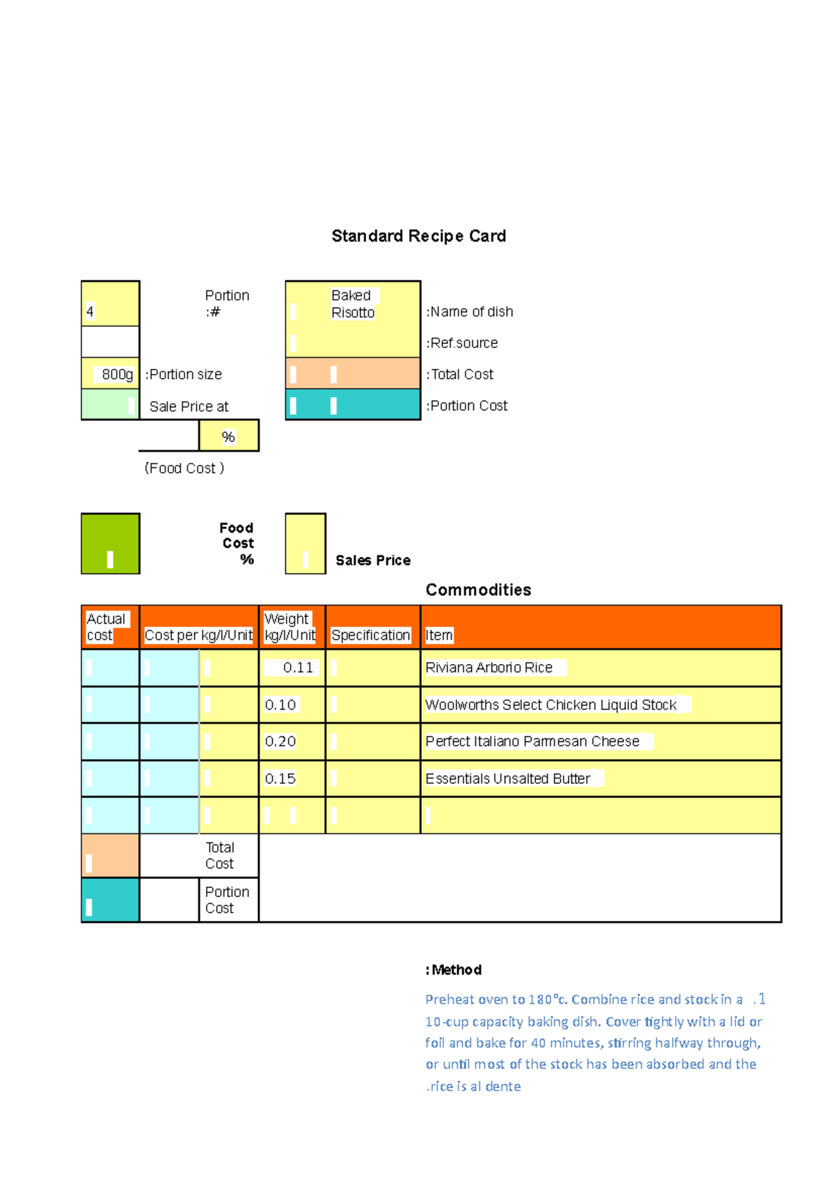 Risotto-Recipe Card template - Standard Recipe Card : Name of dish ...