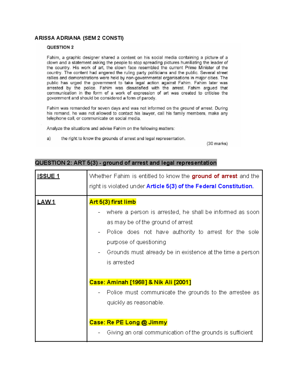 PAST Years Attempt Consti 437 - ARISSA ADRIANA (SEM 2 CONSTI) QUESTION 2: ART 5(3) - ground of ...