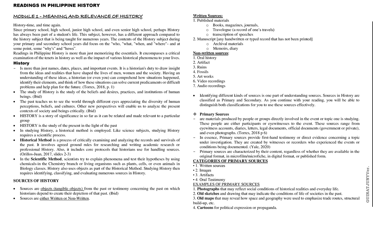 Reviewer History Module 1-4 - GUINATJUNYVer. MODULE 1 - MEANING AND ...