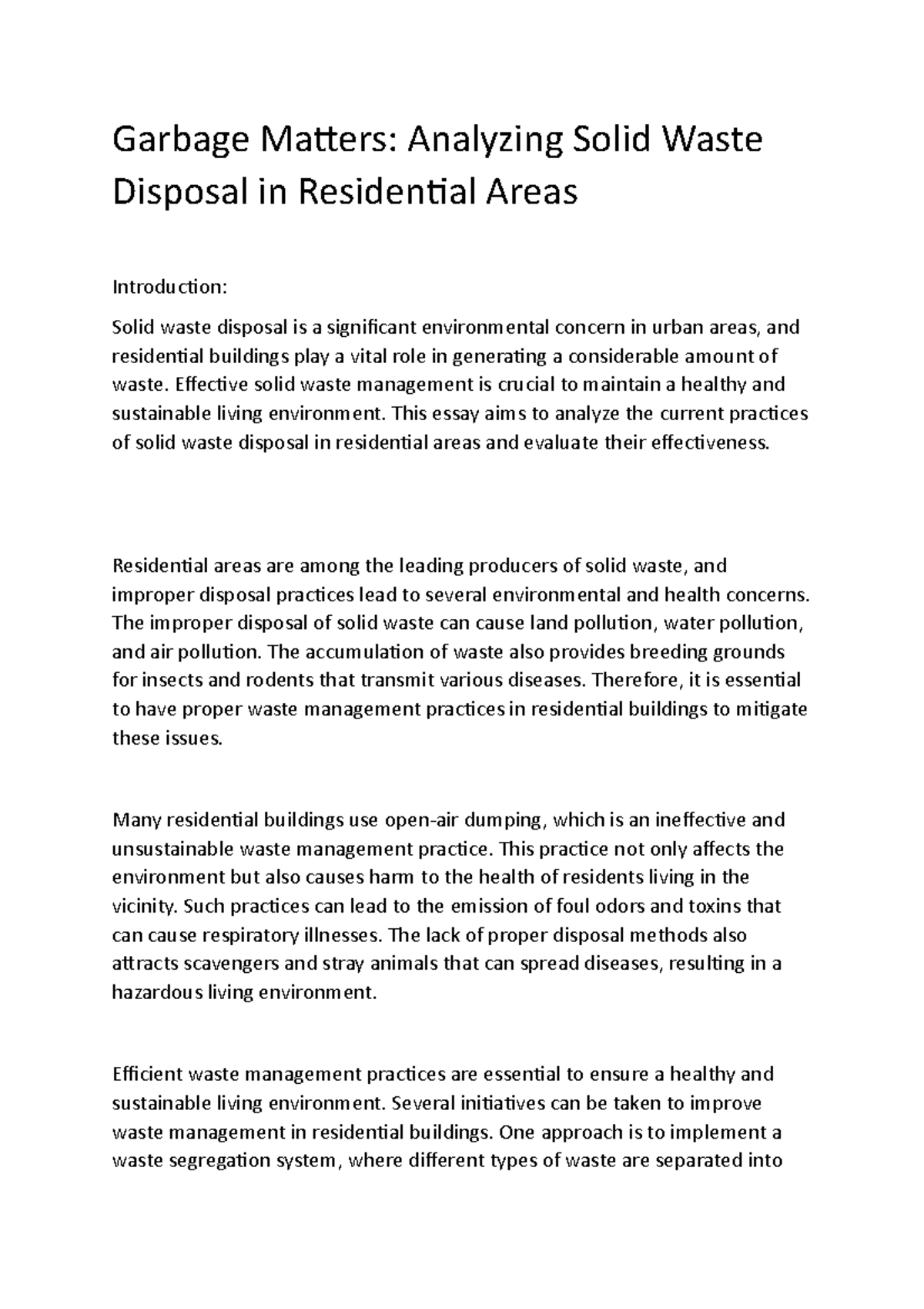 Garbage Matters, Analyzing Solid Waste Disposal in Residential Areas ...