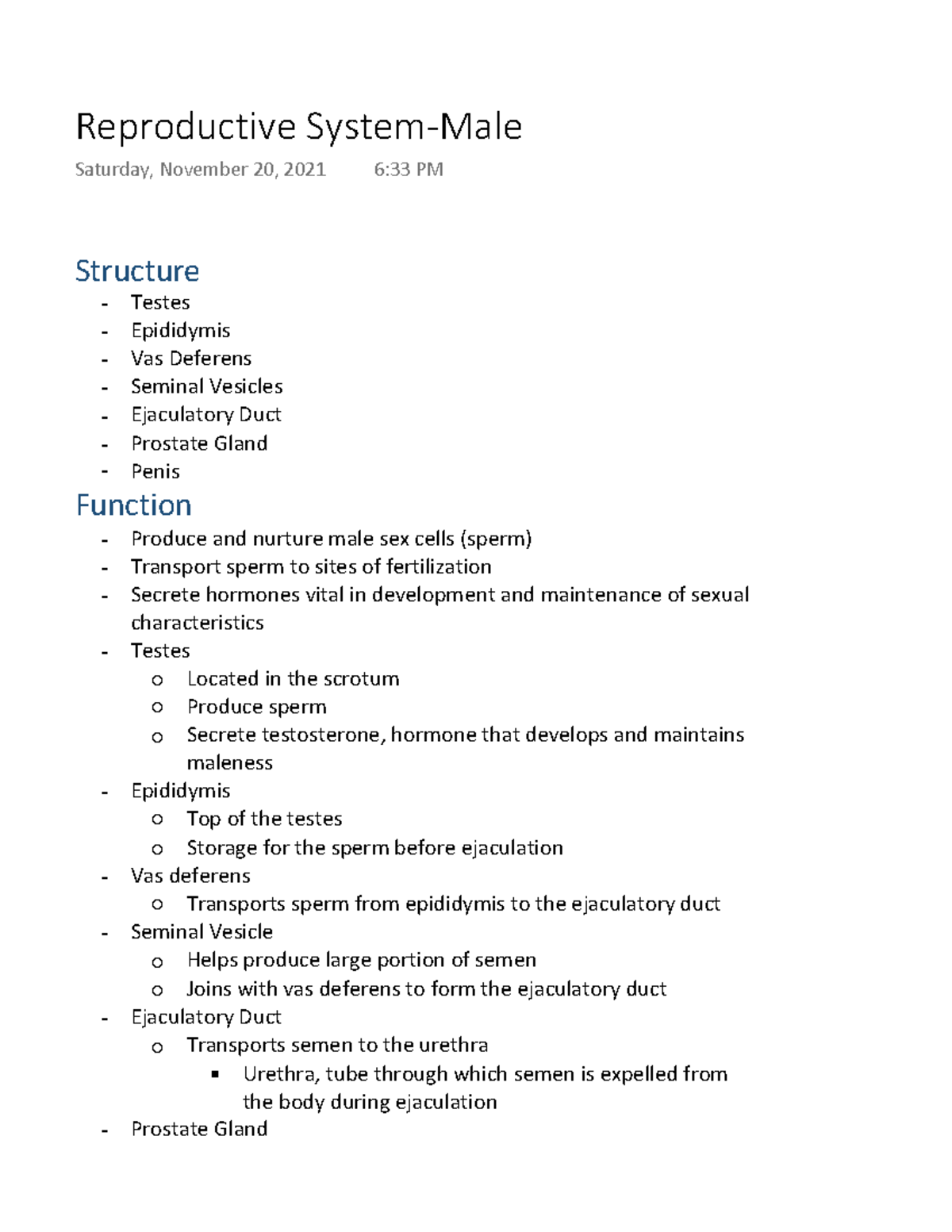 Reproductive System-Male - Structure Testes Epididymis Vas Deferens ...