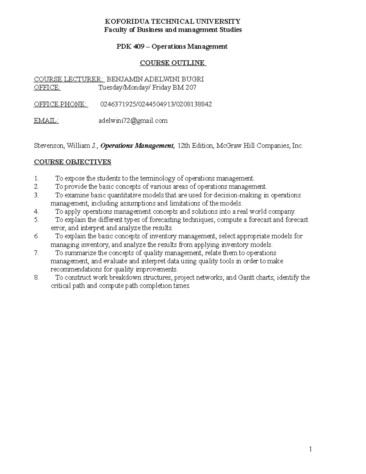 Operations Management Courseoutline - KOFORIDUA TECHNICAL UNIVERSITY ...