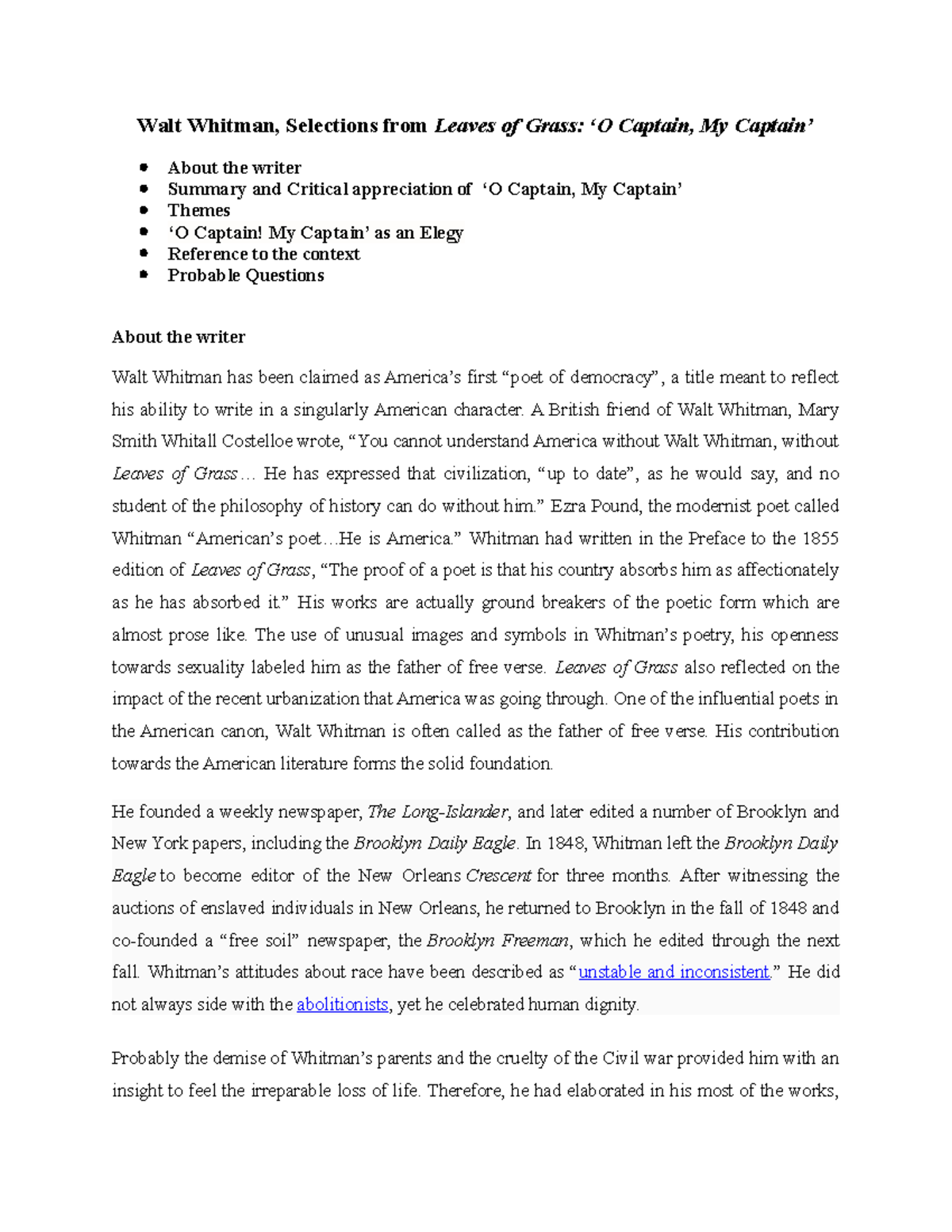 Walt Whitman 'O Captain, My Captain' SS - English honours - Studocu