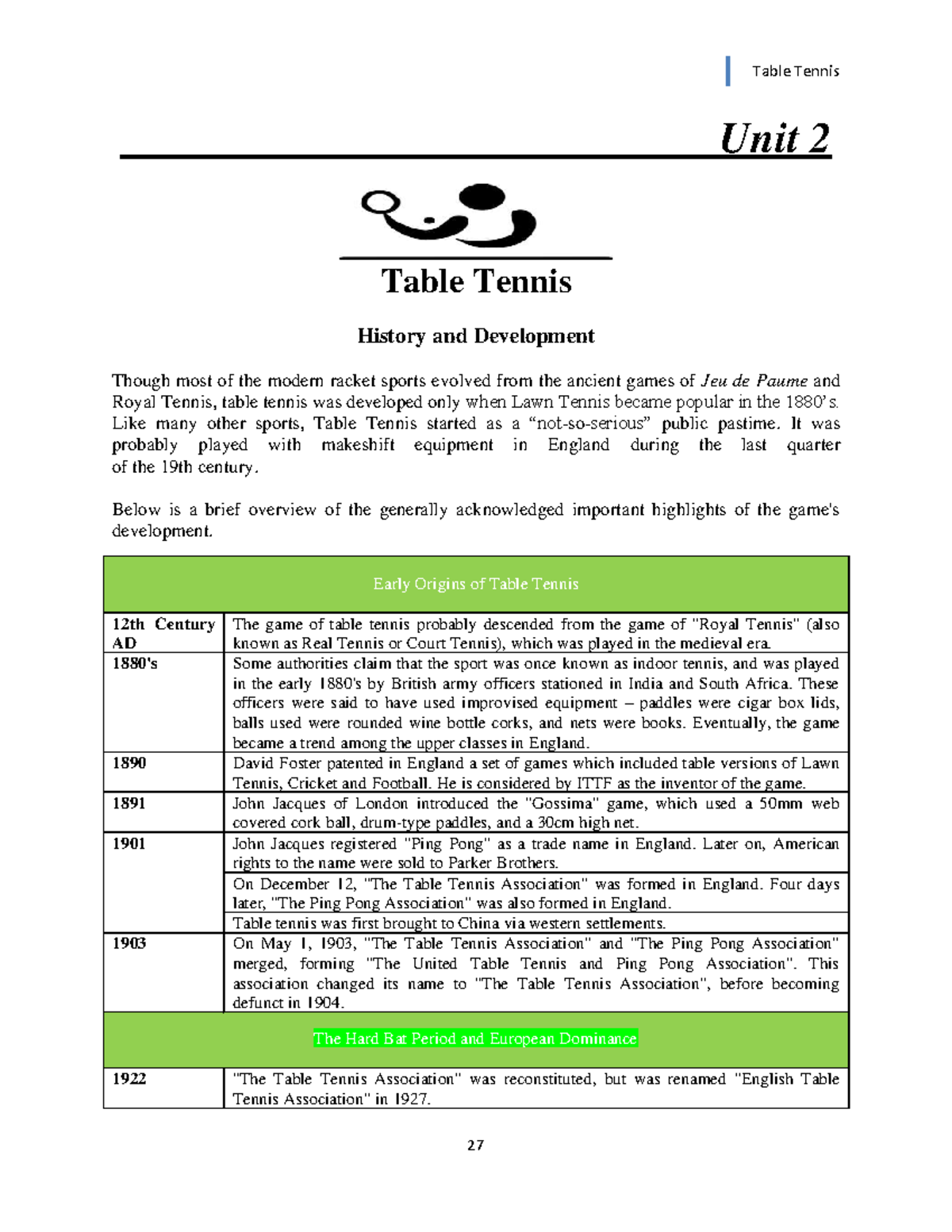 Module Table Tennis Module Fit Sport - Table Tennis Unit 2 Table Tennis ...