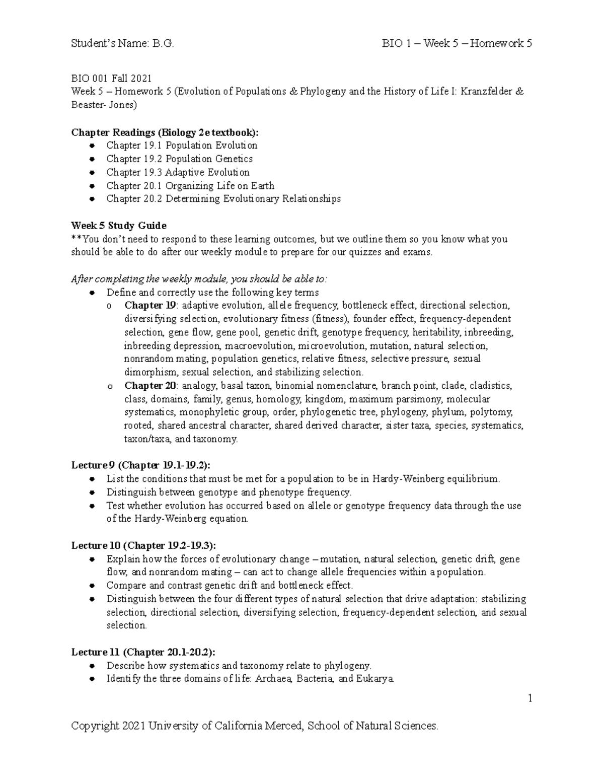 Bio 001 homework week 5 - BIO 001 Fall 2021 Week 5 – Homework 5 ...