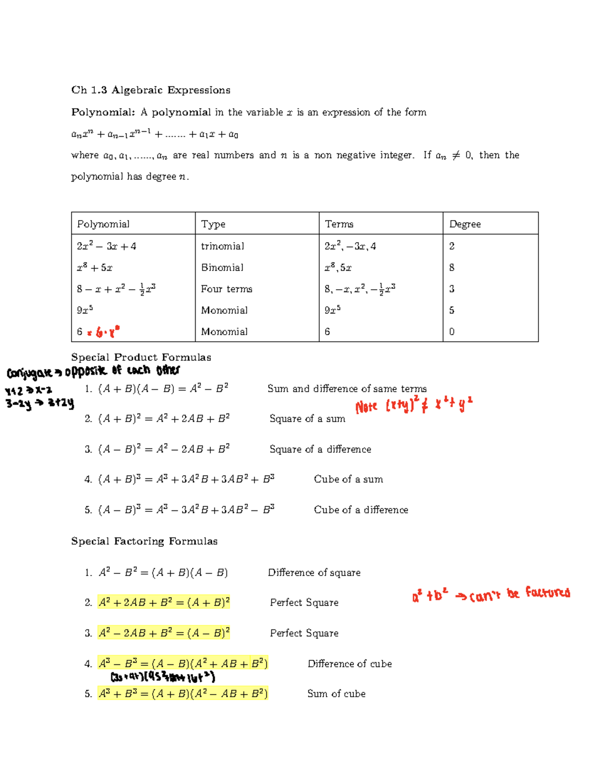 1.2 Algebraic Expressions - Ch 1 Algebraic Expressions Polynomial: A ...