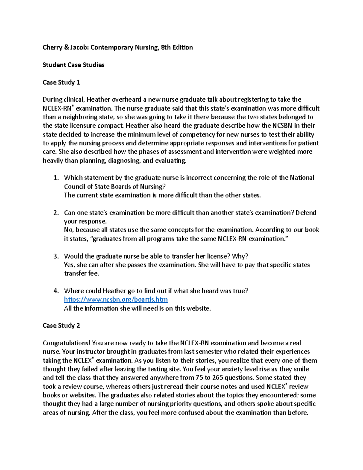 Nclex Case Study (prep) - Cherry & Jacob: Contemporary Nursing, 8th ...