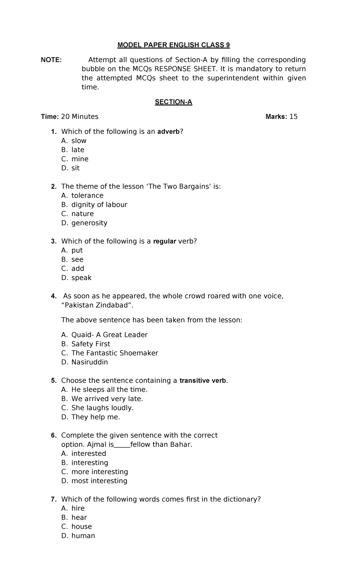 Model Paper English 9th 1670425144 - MODEL PAPER ENGLISH CLASS 9 NOTE ...