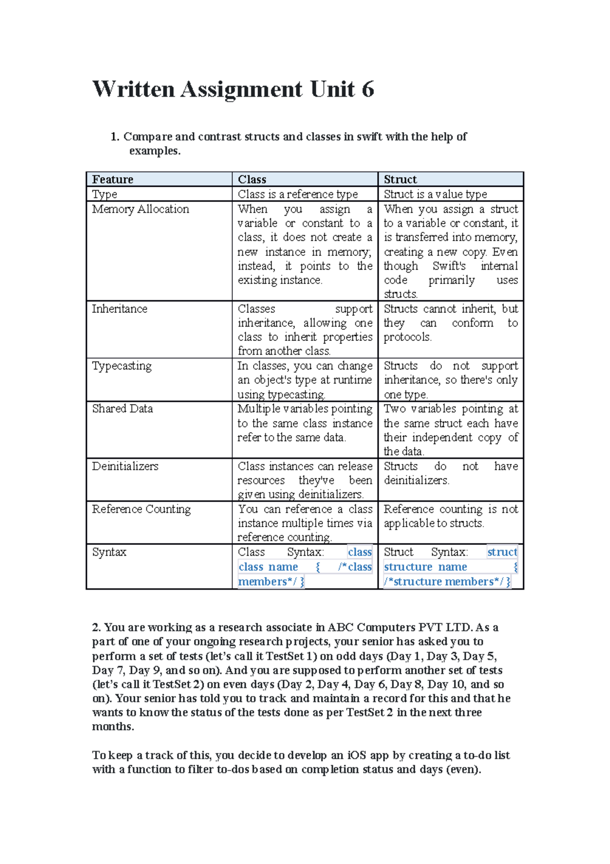Written Assignmentt Unit 6 - Feature Class Struct Type Class is a ...