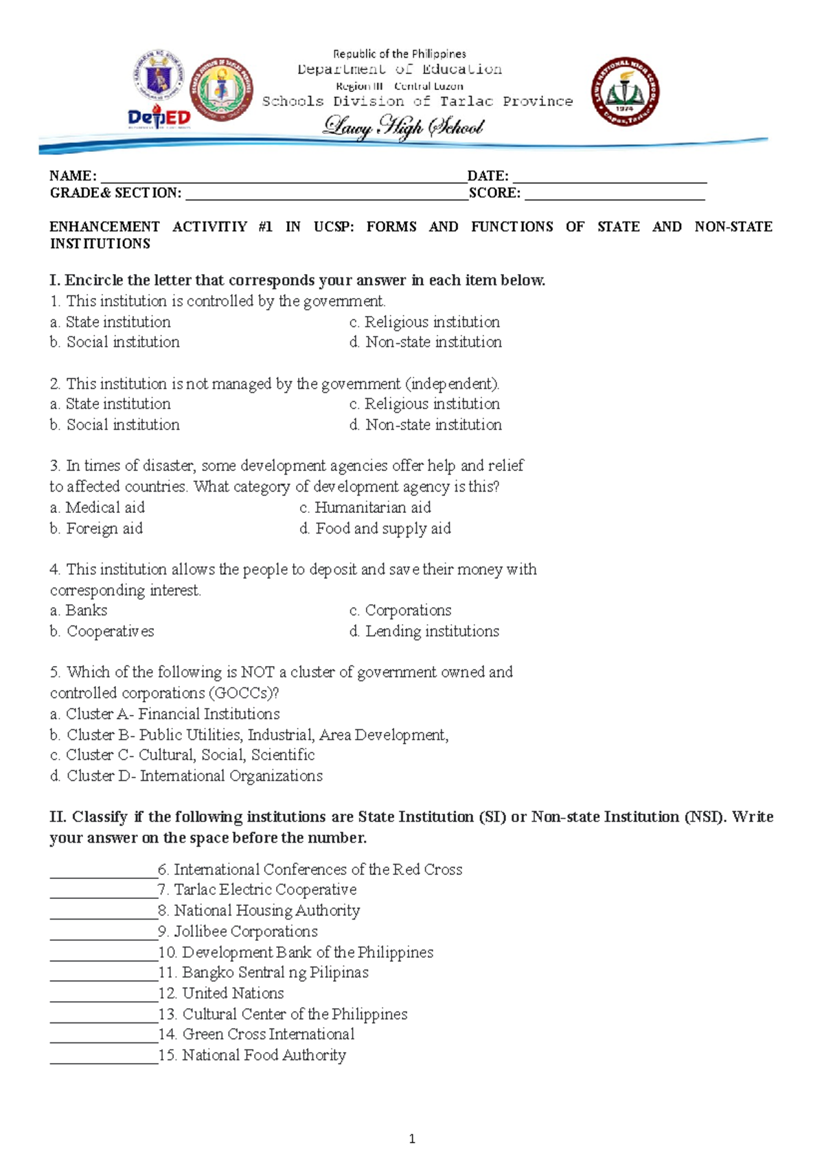 Quiz 1 UCSP - Notes - NAME ...