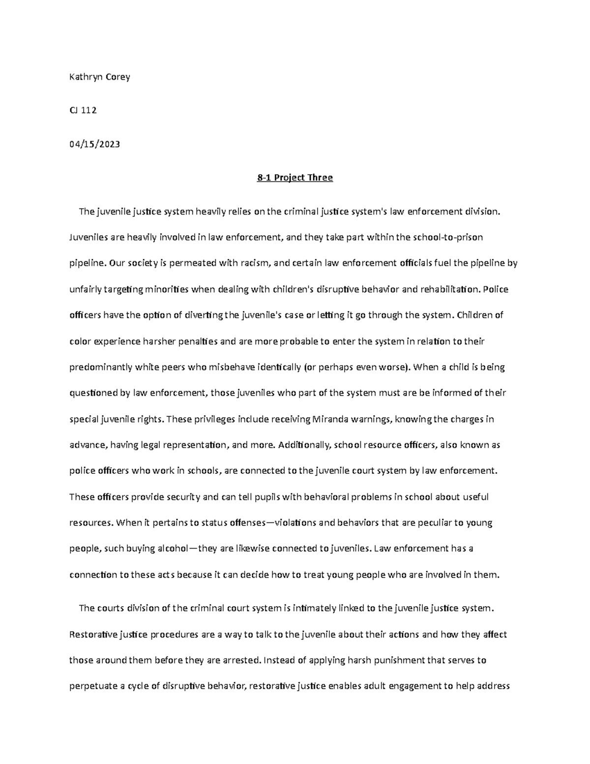 8-1Project Three CJ 112 - Kathryn Corey CJ 112 04/15/ 8-1 Project Three ...