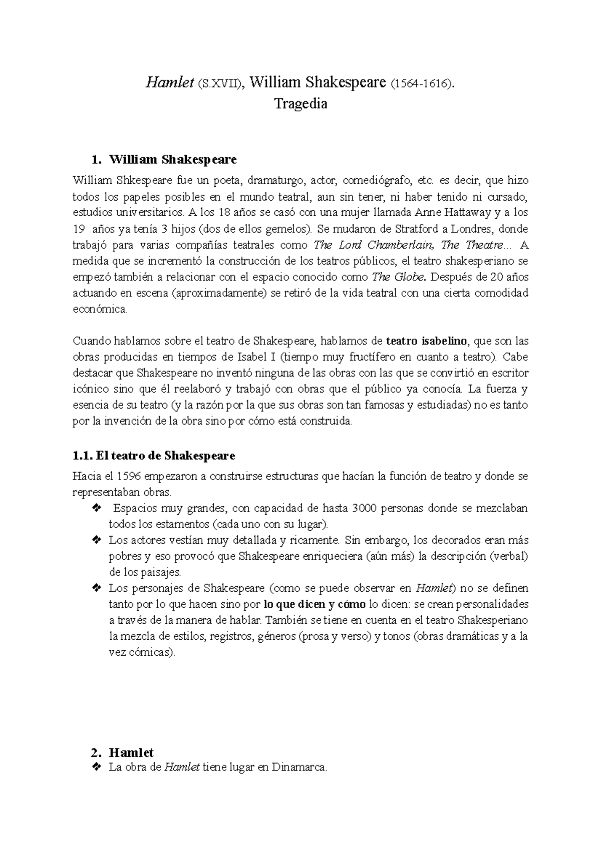 Hamlet - Apunts 2 - Hamlet (S), William Shakespeare (1564-1616). Tragedia 1. William Shakespeare ...