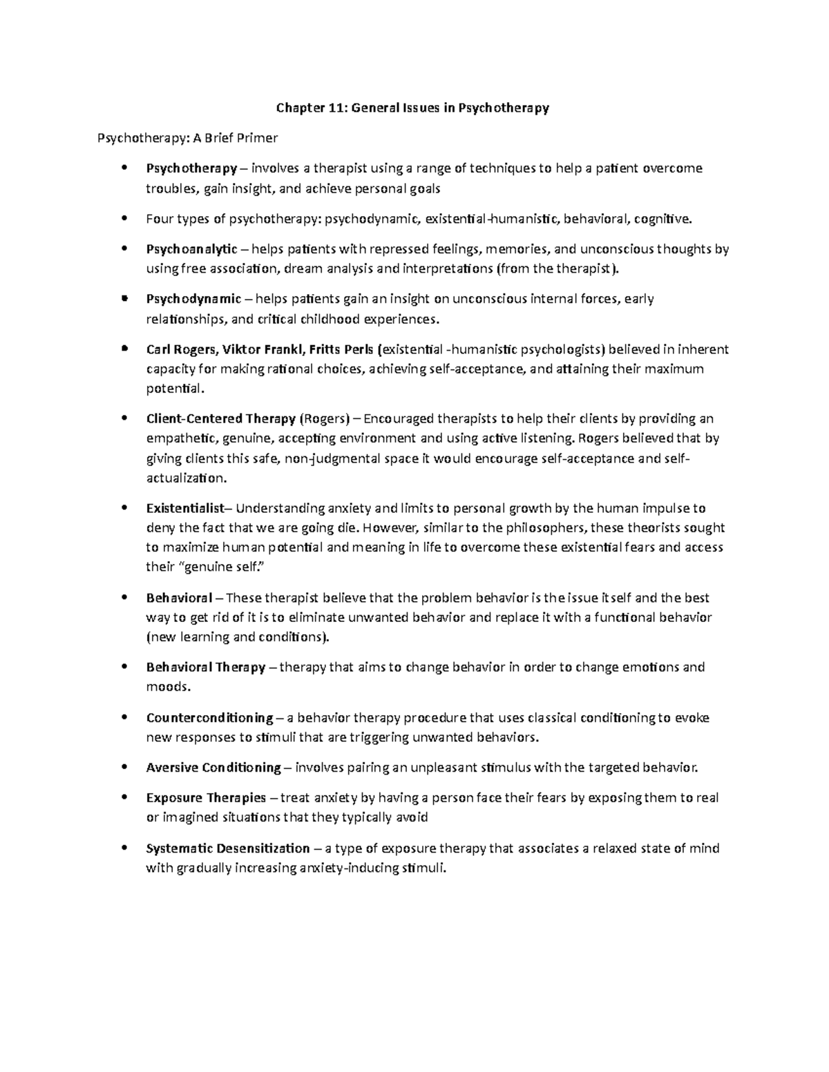 Chapter 11 Lecture Notes - Chapter 11: General Issues in Psychotherapy ...