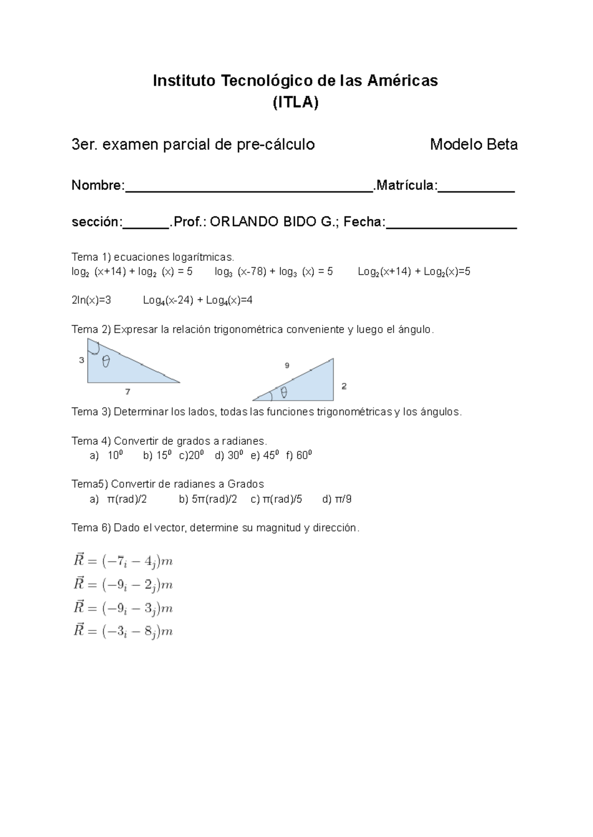 Examen BETA3 precálculo ITLA 1 2024 - Instituto Tecnológico de las ...