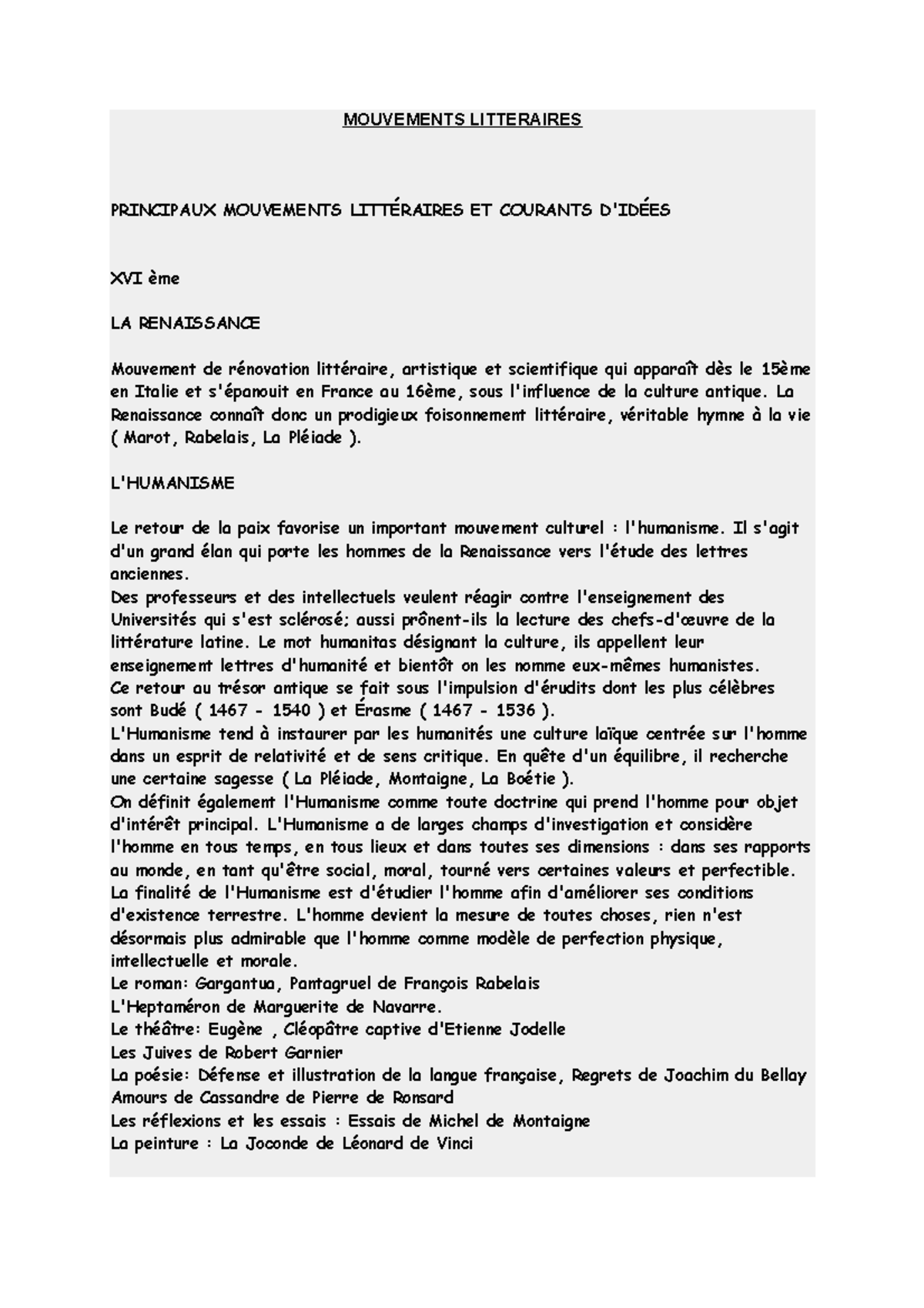 fiche de Mouvements Littéraires - MOUVEMENTS LITTERAIRES PRINCIPAUX ...