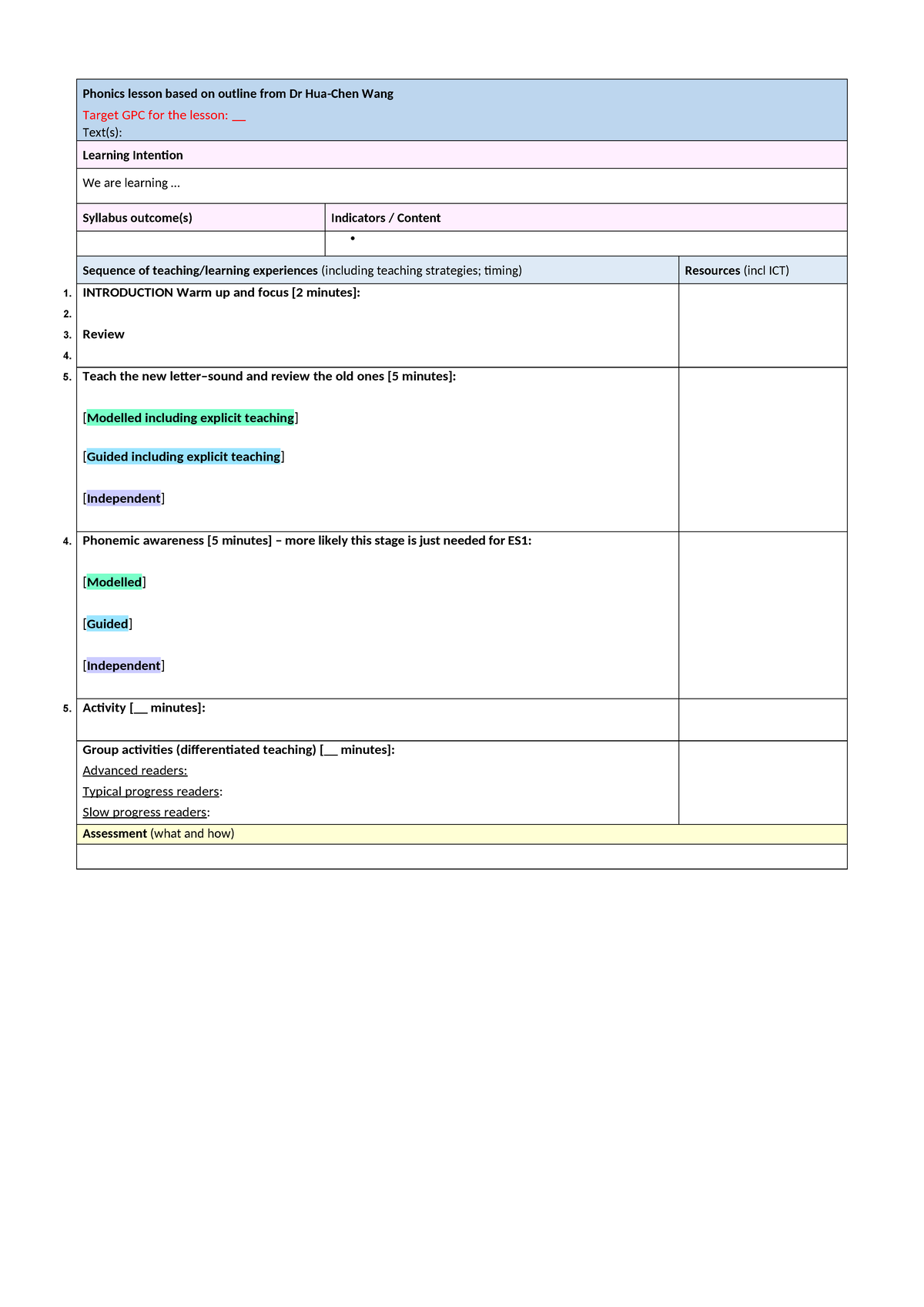 Phonics lesson outline - Phonics lesson based on outline from Dr Hua ...