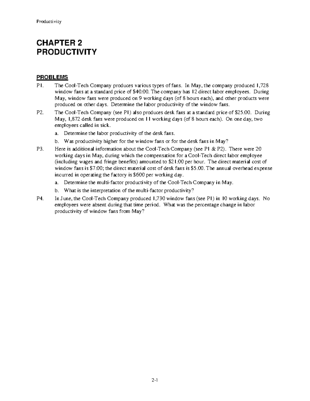 Productivity Management FUE - Productivity 2- CHAPTER 2 PRODUCTIVITY PROBLEMS P1. The Cool-Tech ...
