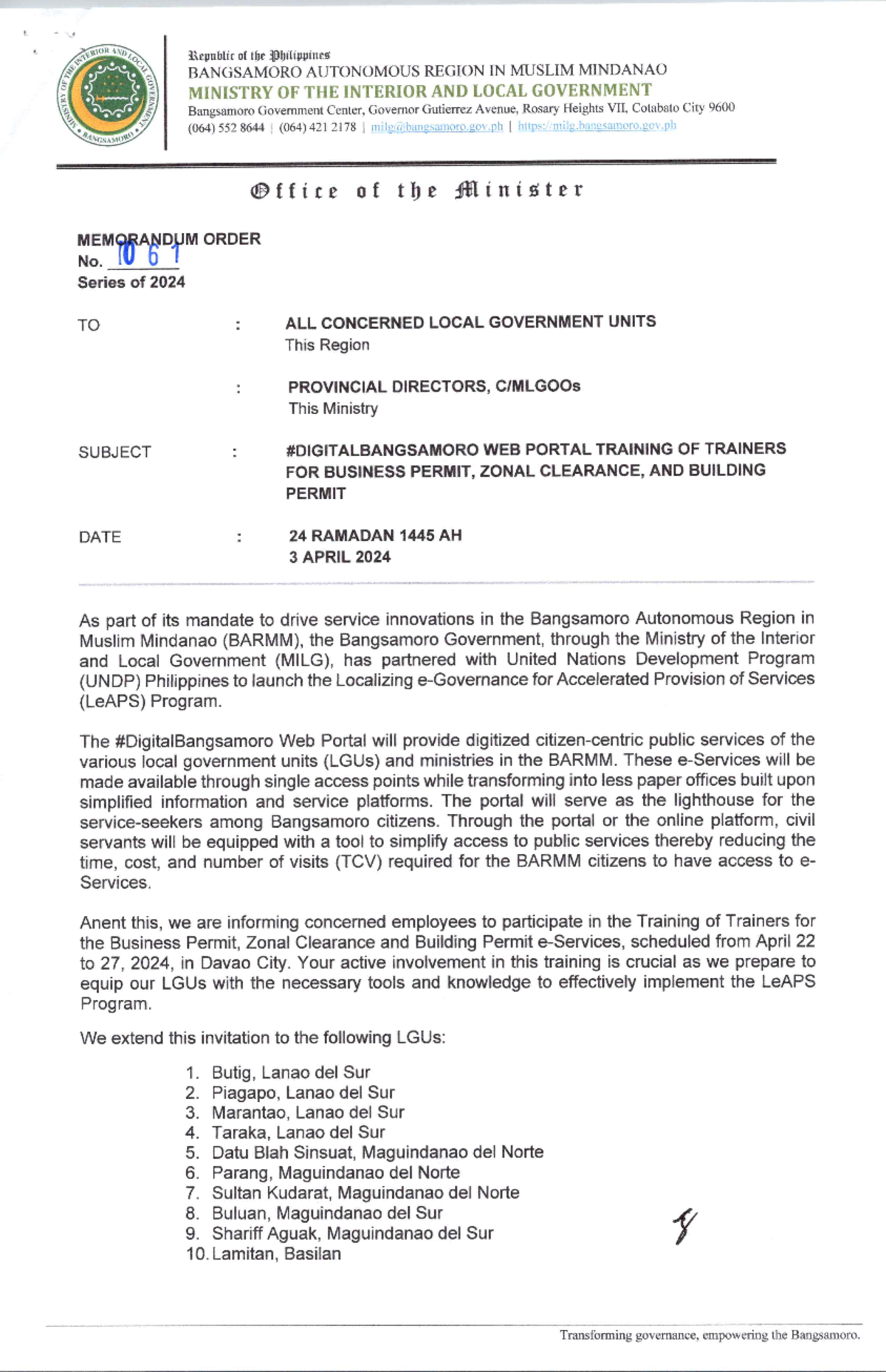 Memorandum Order 2024 Web Portal Training - Bachelors of Science in ...