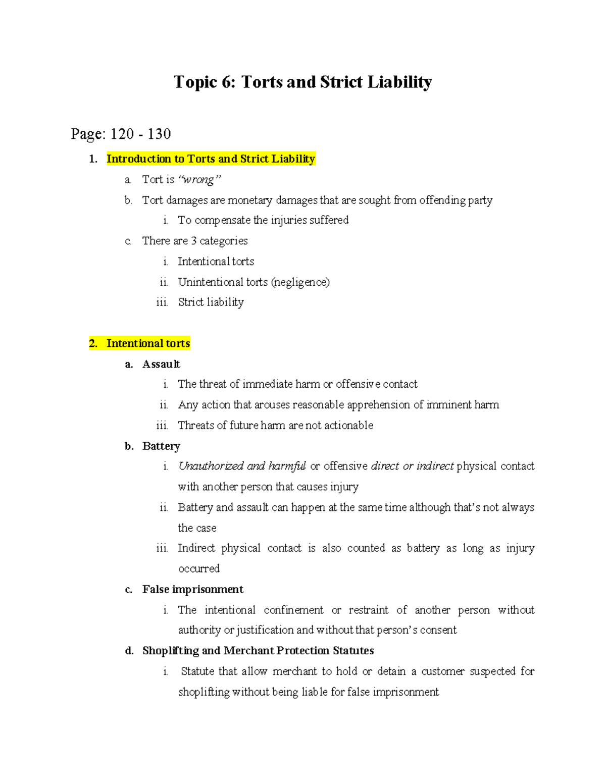 Topic 6 of Lecture Notes - Topic 6: Torts and Strict Liability Page ...
