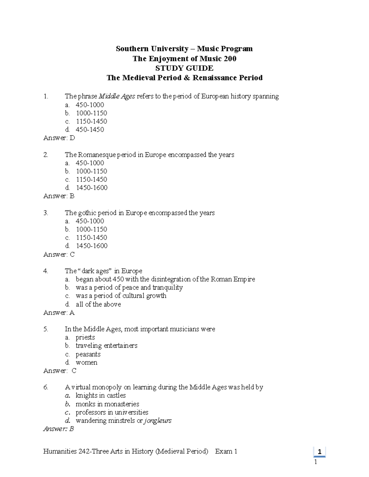 Study Guide- Southern University Medieval Renaissance Test Two ...