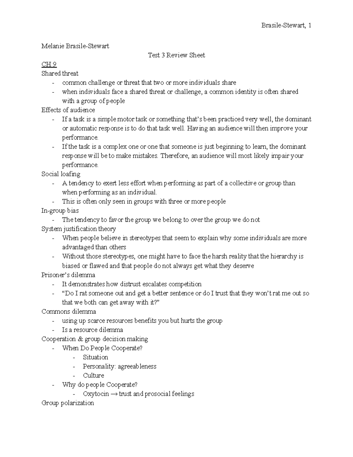 Exam 3 Review Sheet - Describing social psychology - Melanie Brasile ...