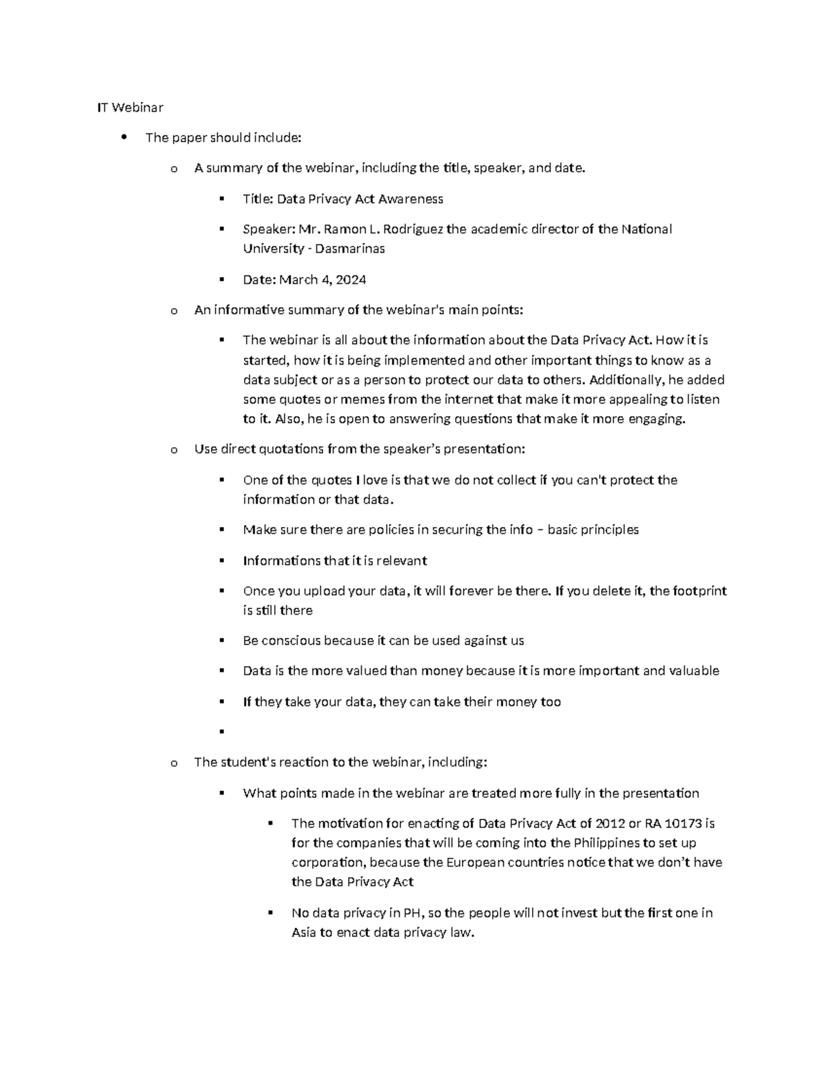 Reaction paper - webinar it - IT Webinar The paper should include: o A ...