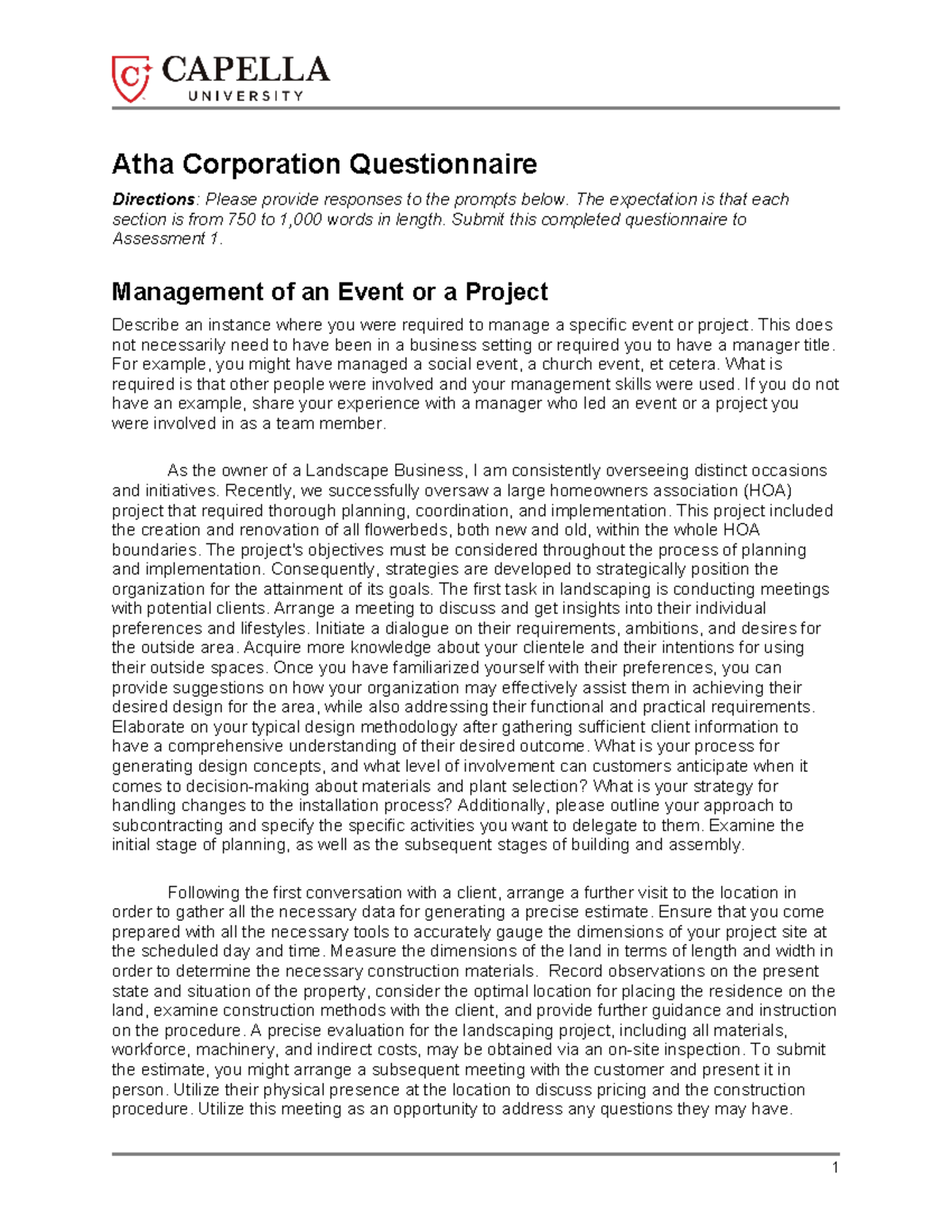 BUS-FPX3011 Ian Hadley Assessment 1-1 - Atha Corporation Questionnaire Directions: Please ...