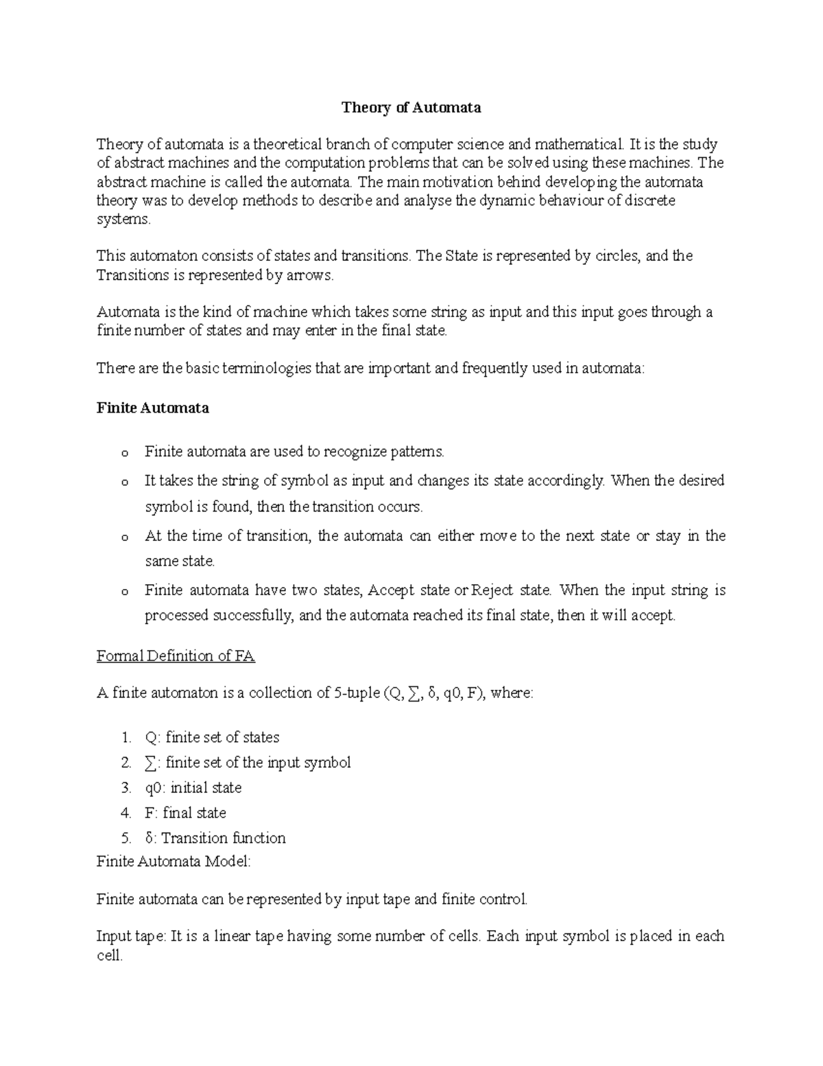 Automata Theory 401 Notes - Theory of Automata Theory of automata is a ...